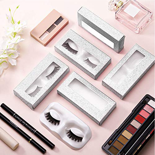 50 Pieces Empty Eyelash Case Boxes Lash Box Packaging Empty Lash Boxes Glitter Paper Cardboard Plastic Eyelash Storage Box False Lashes Cases Holder (Silver)
