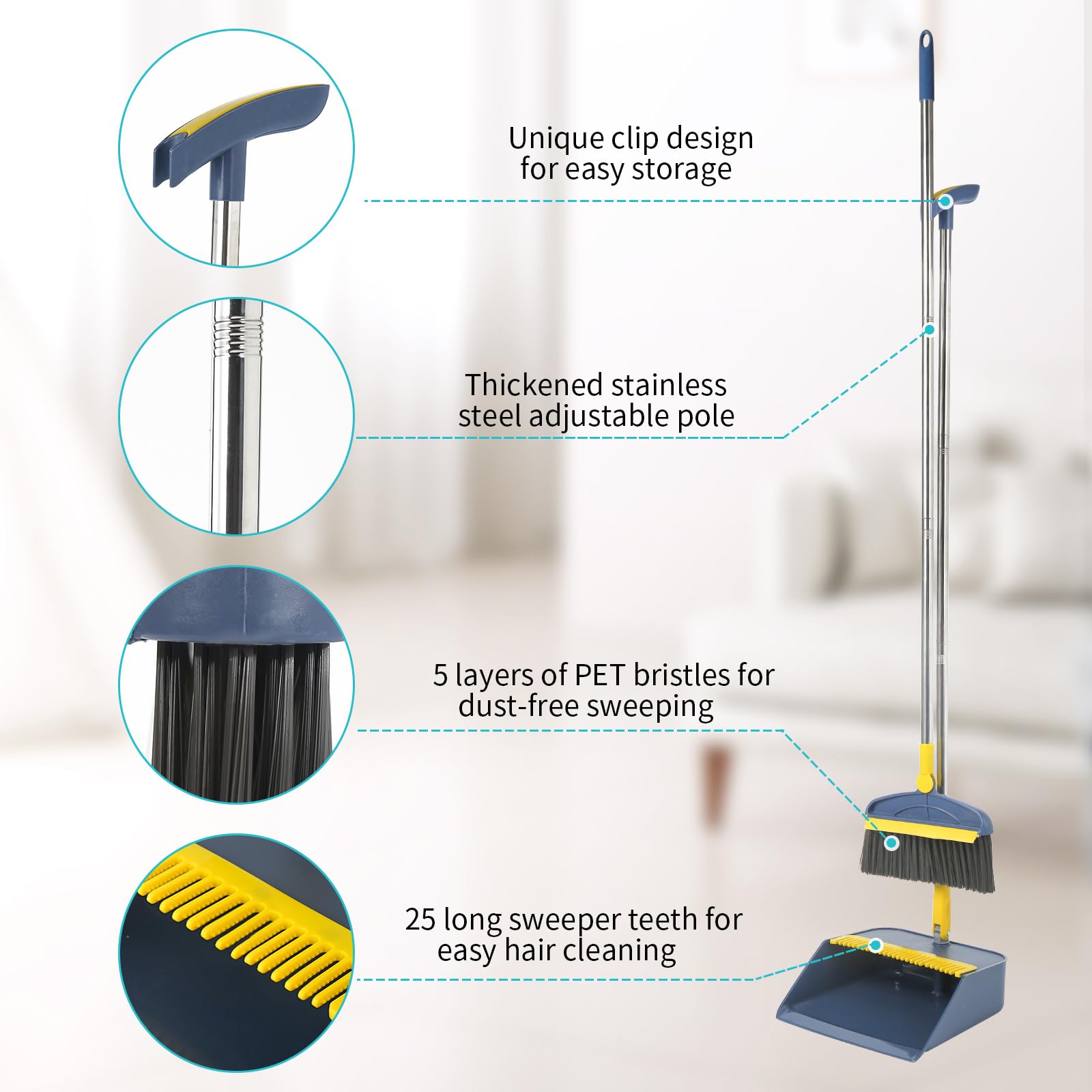 Broom and Dustpan Set,2 in 1 Broom Brush with Dustpan Combo Set, Upright 180°Rotating Broom with Long Handle and Lightwight Dust Pans for Home Kitchen Room Office Lobby Floor Cleaning,Blue