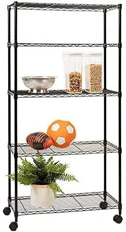 Heavy Duty 5-Tier Shelving Unit Commercial Grade Adjustable 900Lbs Capacity Steel Storage Rack 30L x 14D x 60H Mobile Shelves Wire Shelf Silver Rolling Utility Cart for Pantry Garage Kitchen- Black