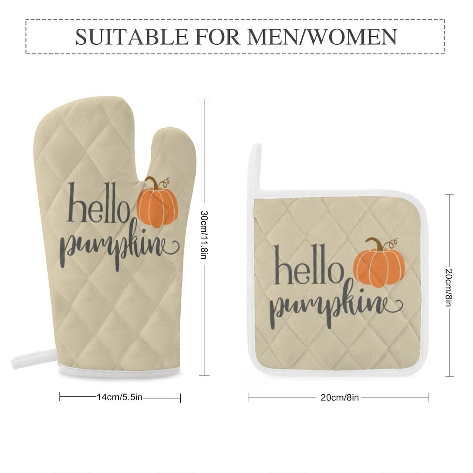 4PCS Oven Mitts and Pot Holders Sets, Hello Pumpkin Orange Harvest Fall Beige Oven Mitts Set Heat Resistant Kitchen Microwave Gloves Safe for Baking,Cooking, BBQ