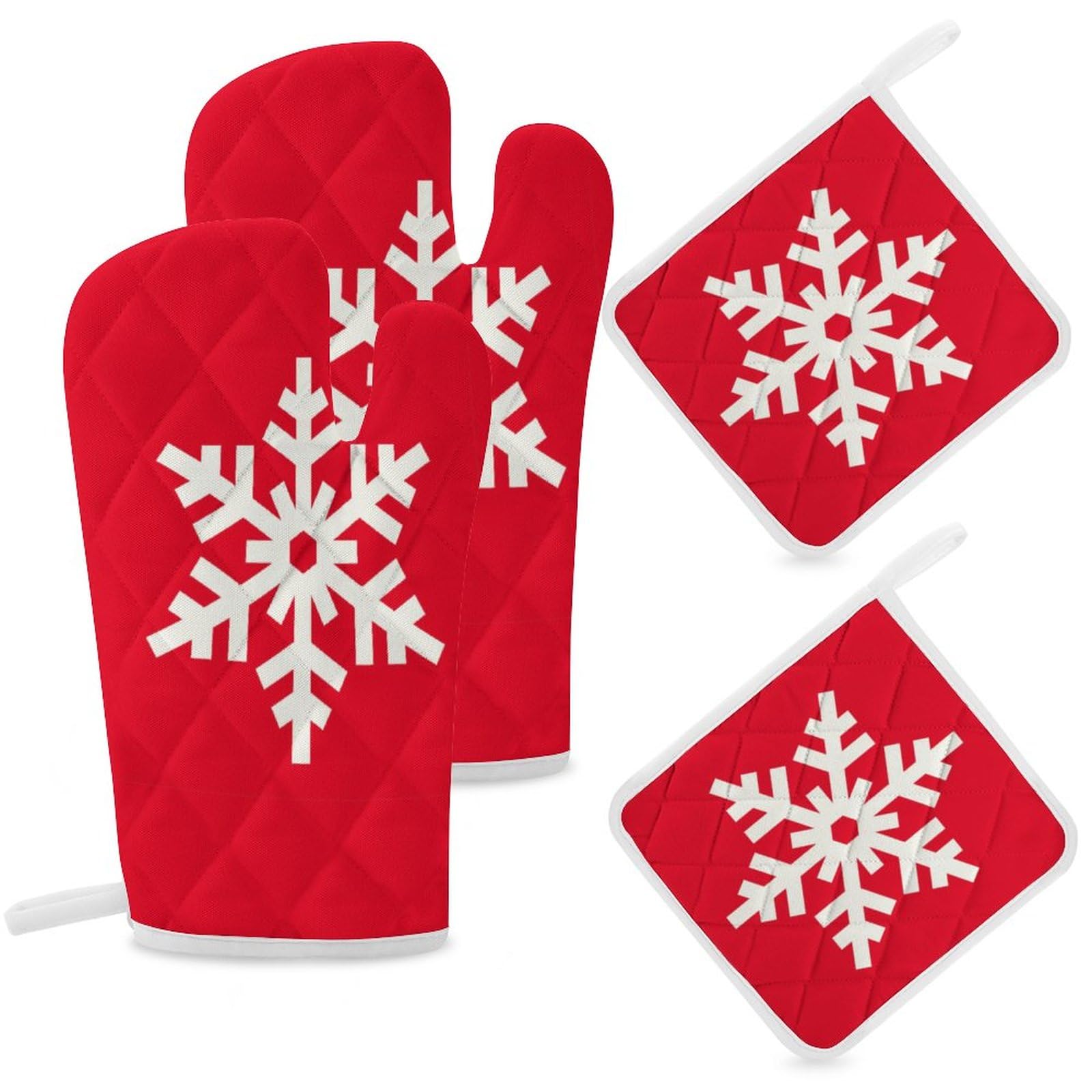 4PCS Oven Mitts and Pot Holders Sets, Red and White Snowflakes Oven Mitts Set Heat Resistant Kitchen Microwave Gloves Safe for Baking,Cooking, BBQ