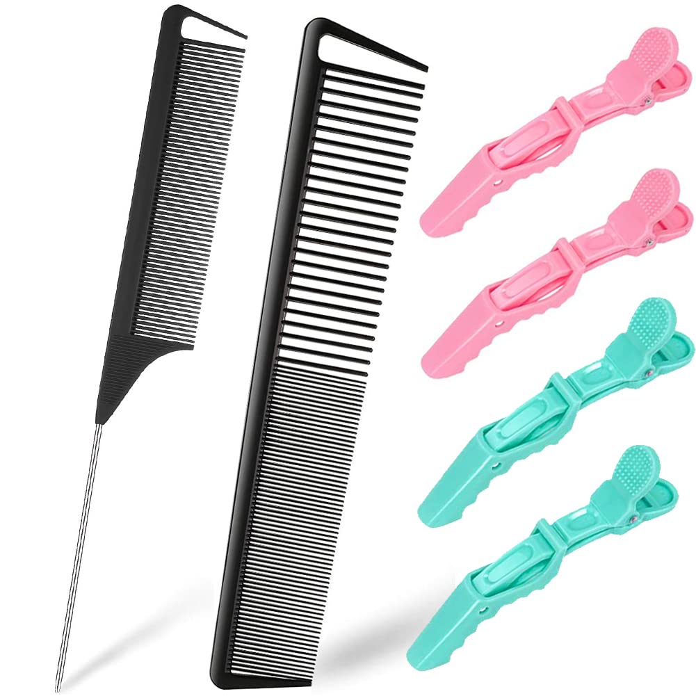6 Pieces Rat Tail Comb Cutting Comb with Wide and Fine Teeth and Alligator Styling Sectioning Hair Clips Set, Carbon Fiber Styling Combs Stainless Steel Pintail Comb Teasing Combs Parting Combs for Braiding Hair With 4Pcs Colorful Hair Clip for Braids Sal