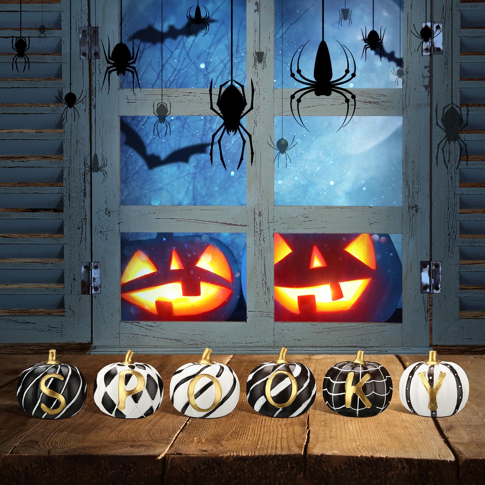 9 Pcs Resin Pumpkins Halloween Boo Spooky Indoor Decor Black and White Pumpkins 2.5 Inch Artificial Pumpkins Table Centerpieces Tiered Tray for Fall Halloween Autumn Home Wedding Decor