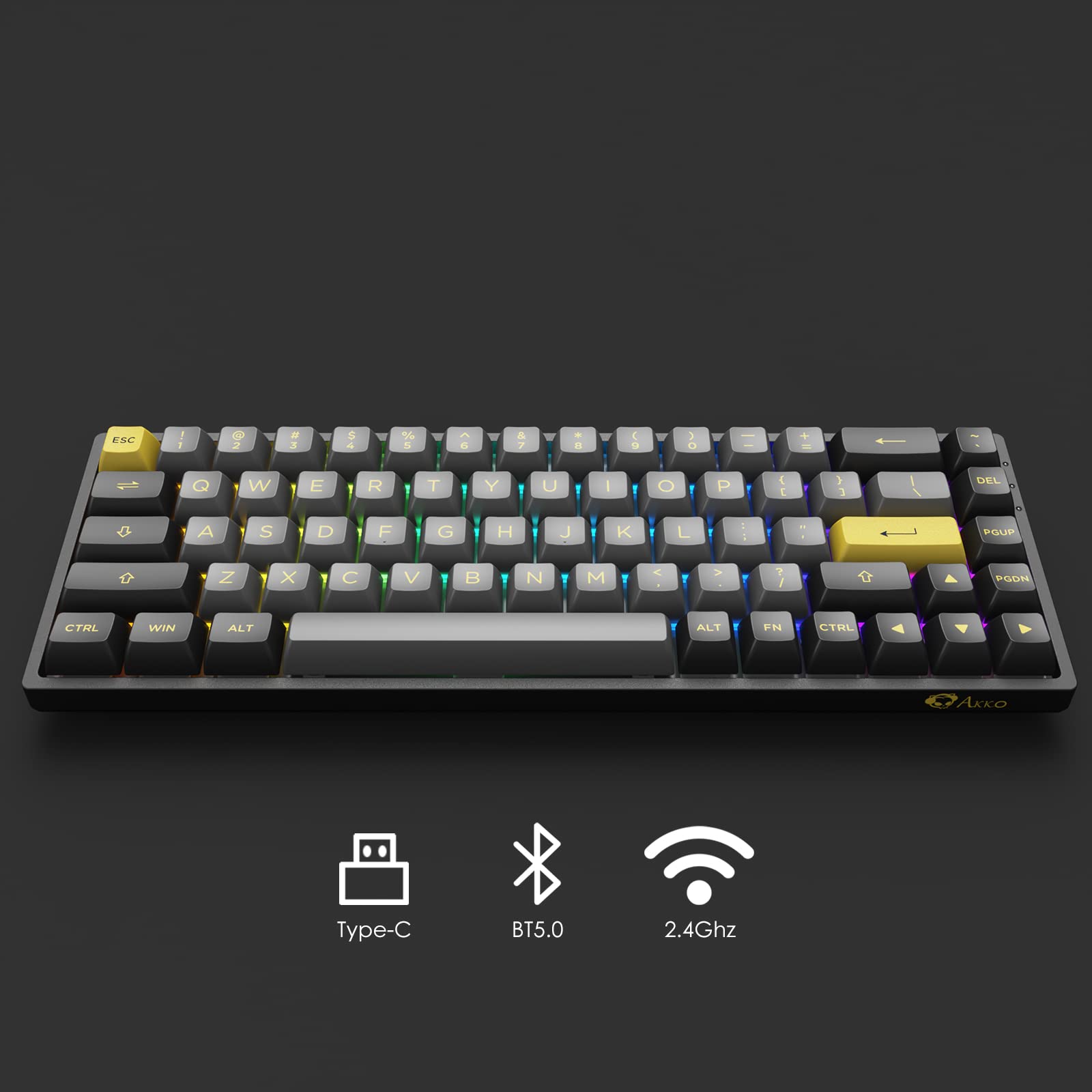 Akko 3068B Plus Black & Gold 65% Percent Hot Swappable Mechanical Keyboard Wireless with Extra 90pcs Jelly Black Linear Switches, Wired/Bluetooth RGB Gaming Keyboard with PBT Keycaps