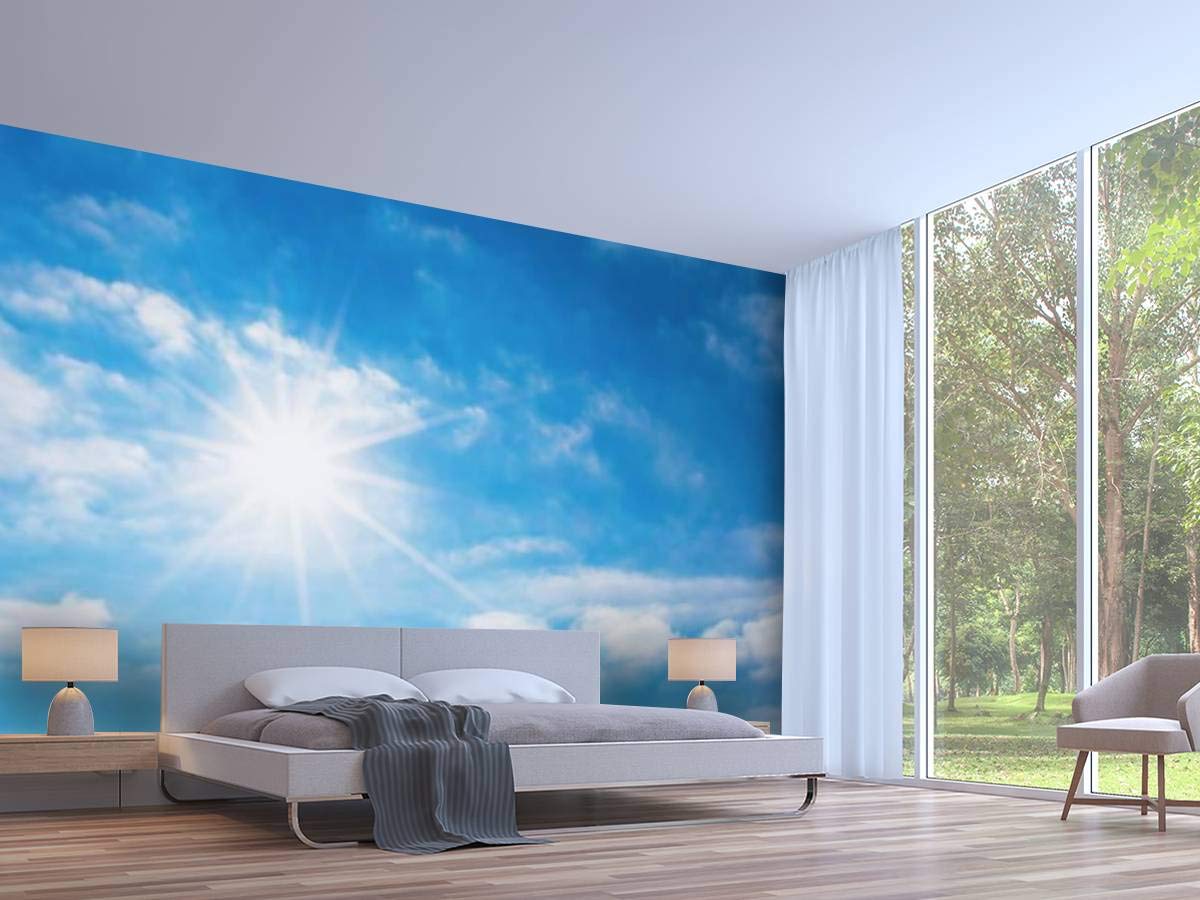 3D Wallpaper The Sun with Bright Rays in The Blue Sky with White Light Clouds Self Adhesive Bedroom Living Room Dormitory Decor Wall Mural Stick and Peel Background Wall Ceiling Wardrobe Sticker