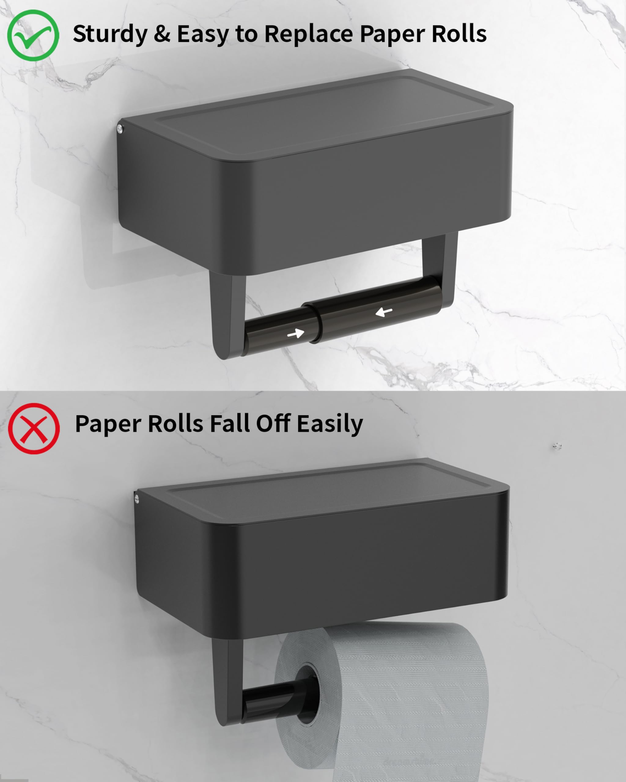 WZKALY Toilet Paper Holder with Shelf - Flushable Wipes Dispenser & Storage Fits Any Bathroom, Keep Your Wet Wipes Hidden - Stainless Steel Wall Mount Bathroom Organizer -(Matte Black, Regular roll)