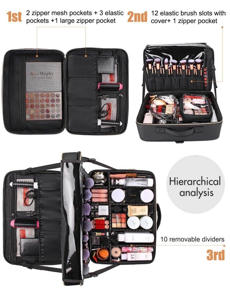 Relavel Extra Large Makeup Bag, Makeup Case Professional Makeup Artist Kit Train Case Travel Cosmetic Bag Brush Organizer, Waterproof Leather Material, with Adjustable Shoulder Straps and Dividers