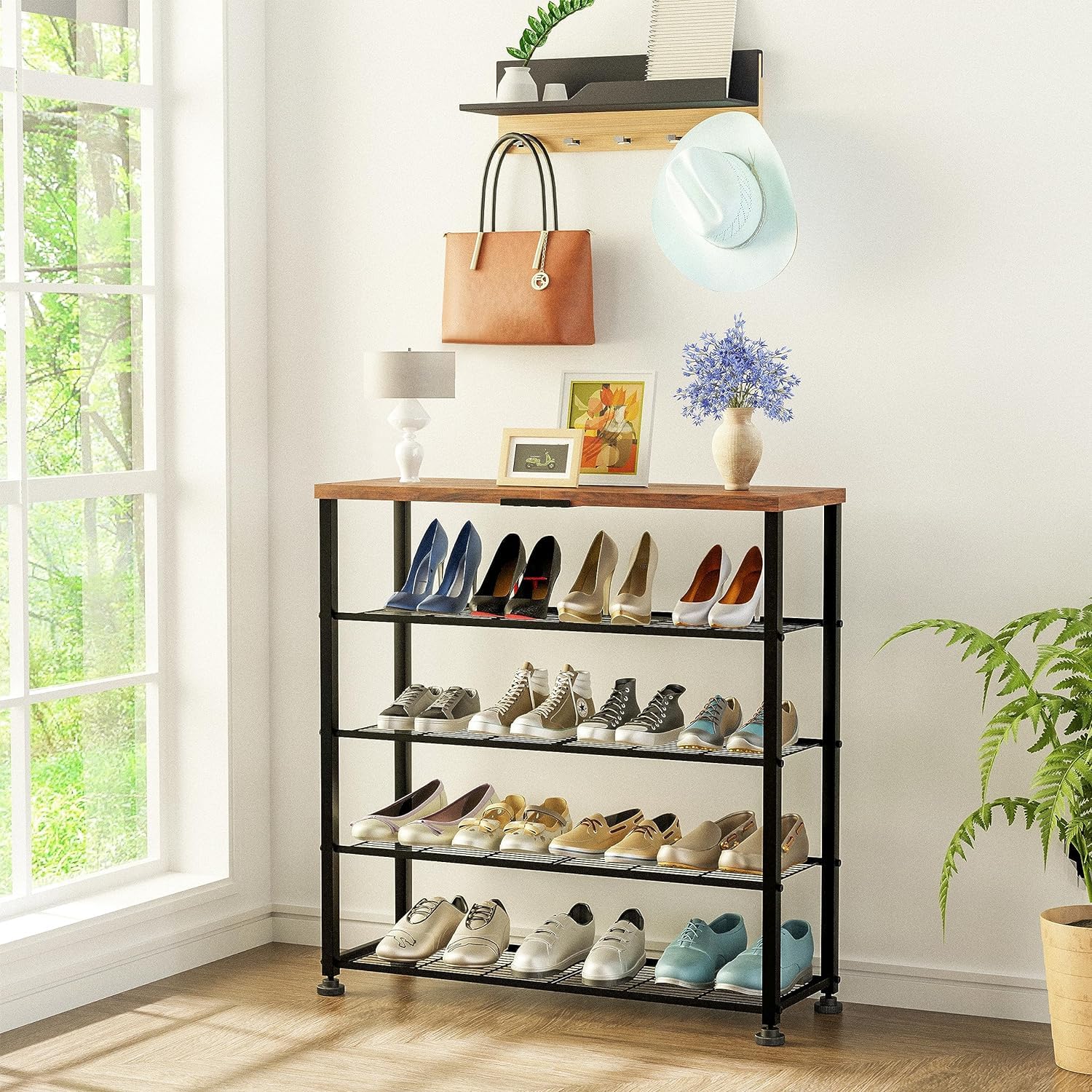 Simple Trending-5 Tier Extra Large Shoe Rack, Rolling Shoe Storage Organizer and Heavy Duty Casters with Brake for Closet Entryway, Steel Frame, Industrial, Rustic Wood and Black