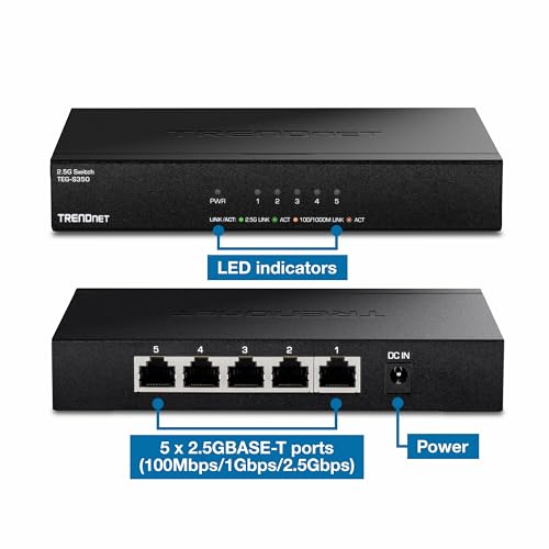 TRENDnet 5-Port Unmanaged 2.5G Gaming Switch, 5 x 2.5GBASE-T Ports, 25Gbps Switching Capacity, Backwards Compatible with 1000Mbps Devices, Fanless, Wall Mountable, Lifetime Protection, Black,TEG-S350
