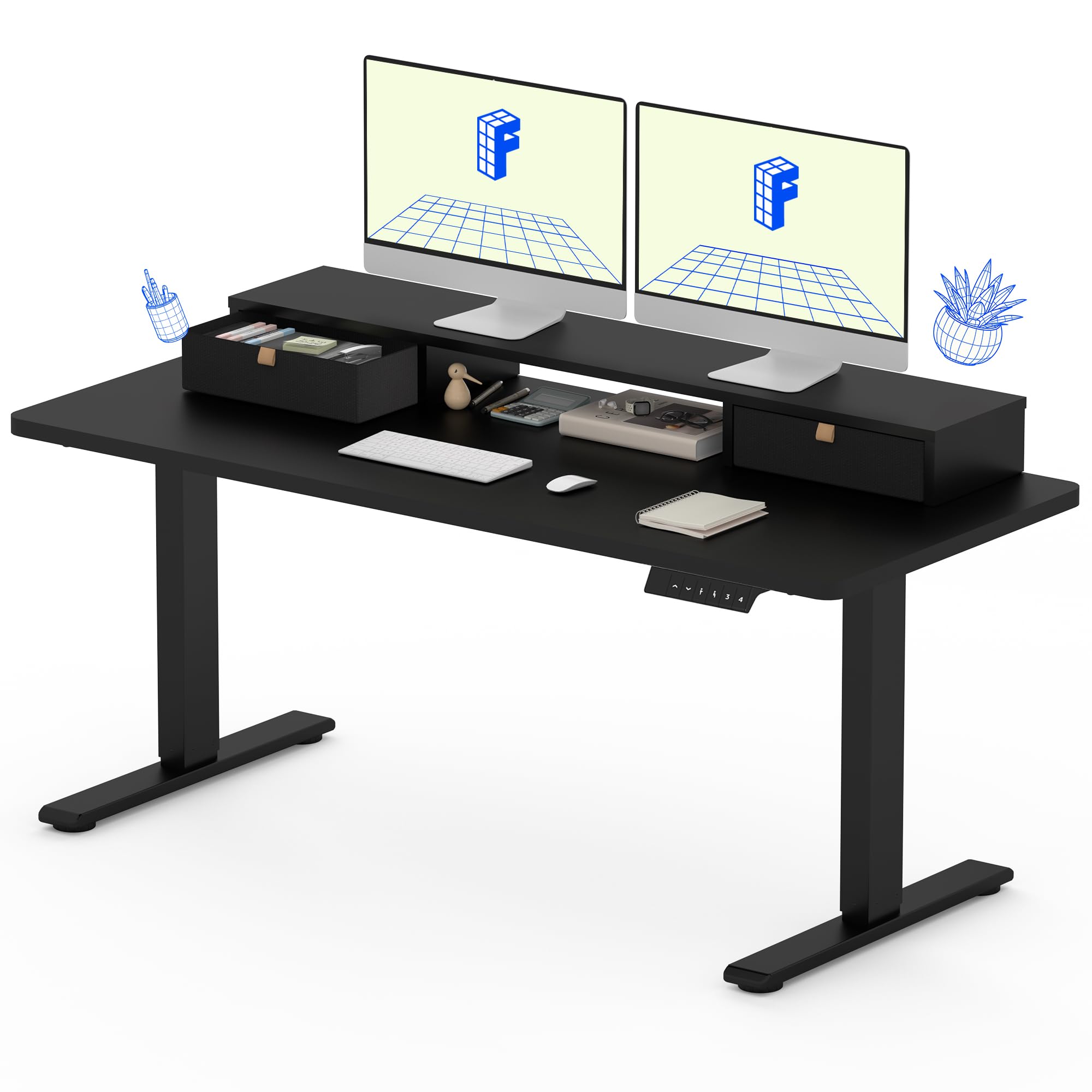 FLEXISPOT Electric Standing Desk with Drawer, Solid One-Piece Adjustable Height Desk with Storage Shelf, Ergonomic Monitor Stand for Computer Laptop (Black Frame/Black Top, 55 inch)