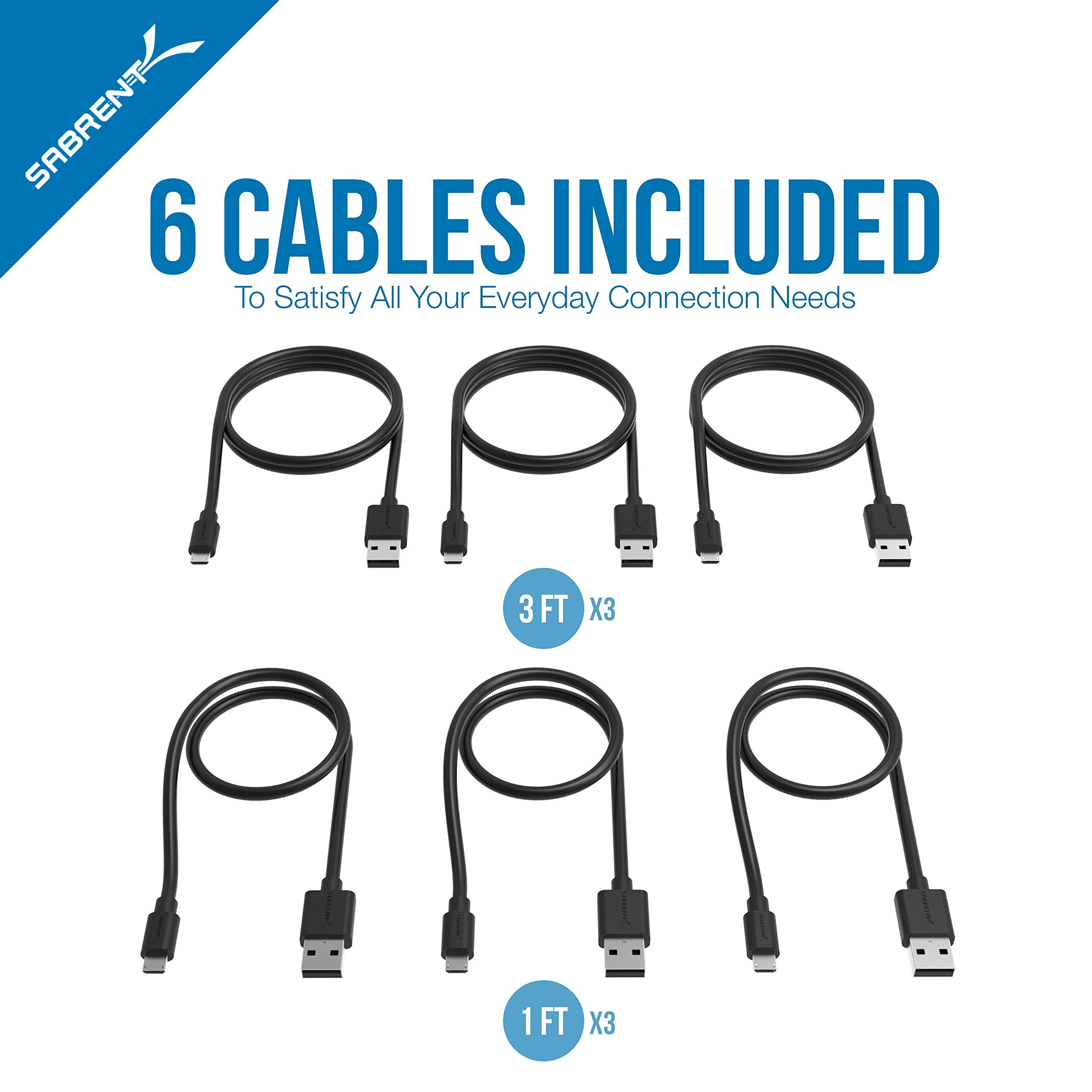 Sabrent 4-Port USB 3.0 Hub + 6-Pack 22AWG Premium Micro USB Cables (X3-3ft + X3-1ft) High Speed USB 2.0