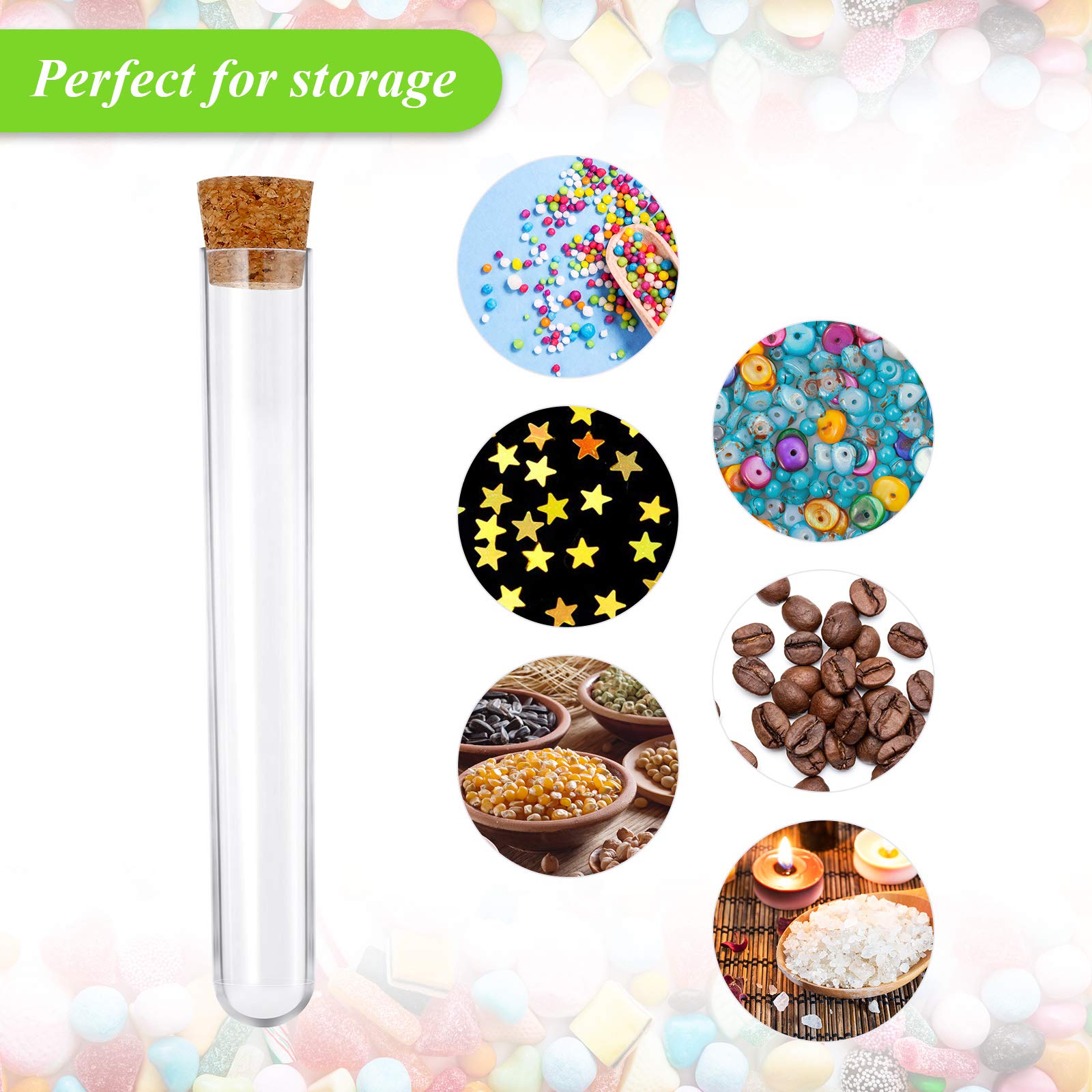 Weewooday 20 Pieces Plastic Test Tubes with Cork Stoppers and 2 Funnels, 1 Brush for Halloween Science Party, Christmas Candy Bath Salt Storage Containers (15 x 100 mm, 10 ml)