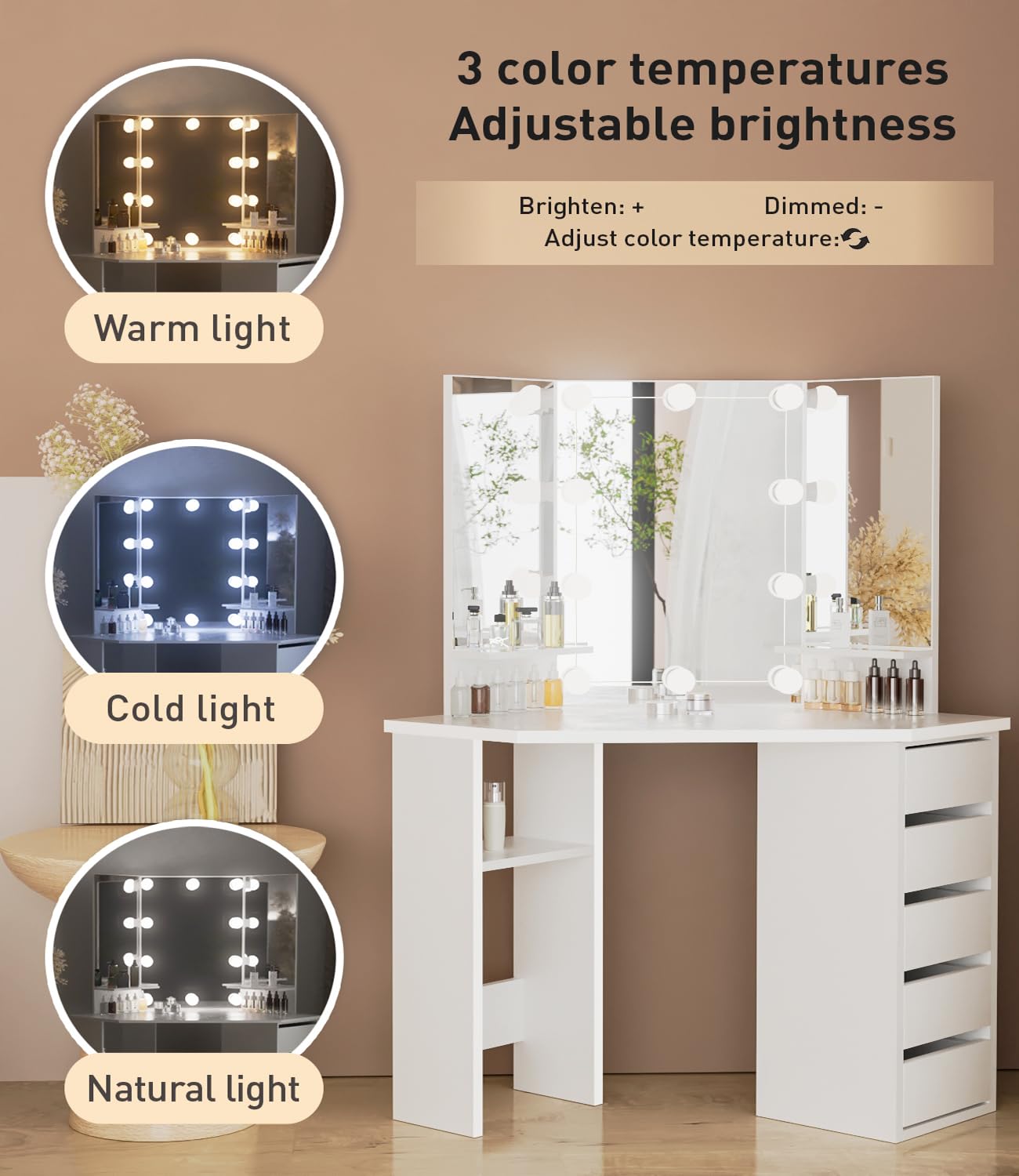 Likein Corner Vanity, Makeup Vanity Desk with Lights, Bedroom White Vanity with Lighted Mirror, Makeup Table with Drawers and Mirror for Women Girls, 3 Lighting Modes Brightness Adjustable