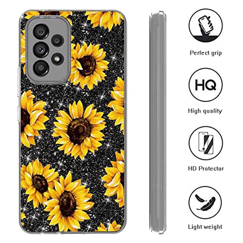 DDTKZC for Samsung Galaxy A53 5G Case,Samsung A53 5G Case Tempered Glass Protector Lustre Pattern-Sparkle 3 in 1 Clear Shockproof Case for Samsung A53 5G (Yellow Sunflower)