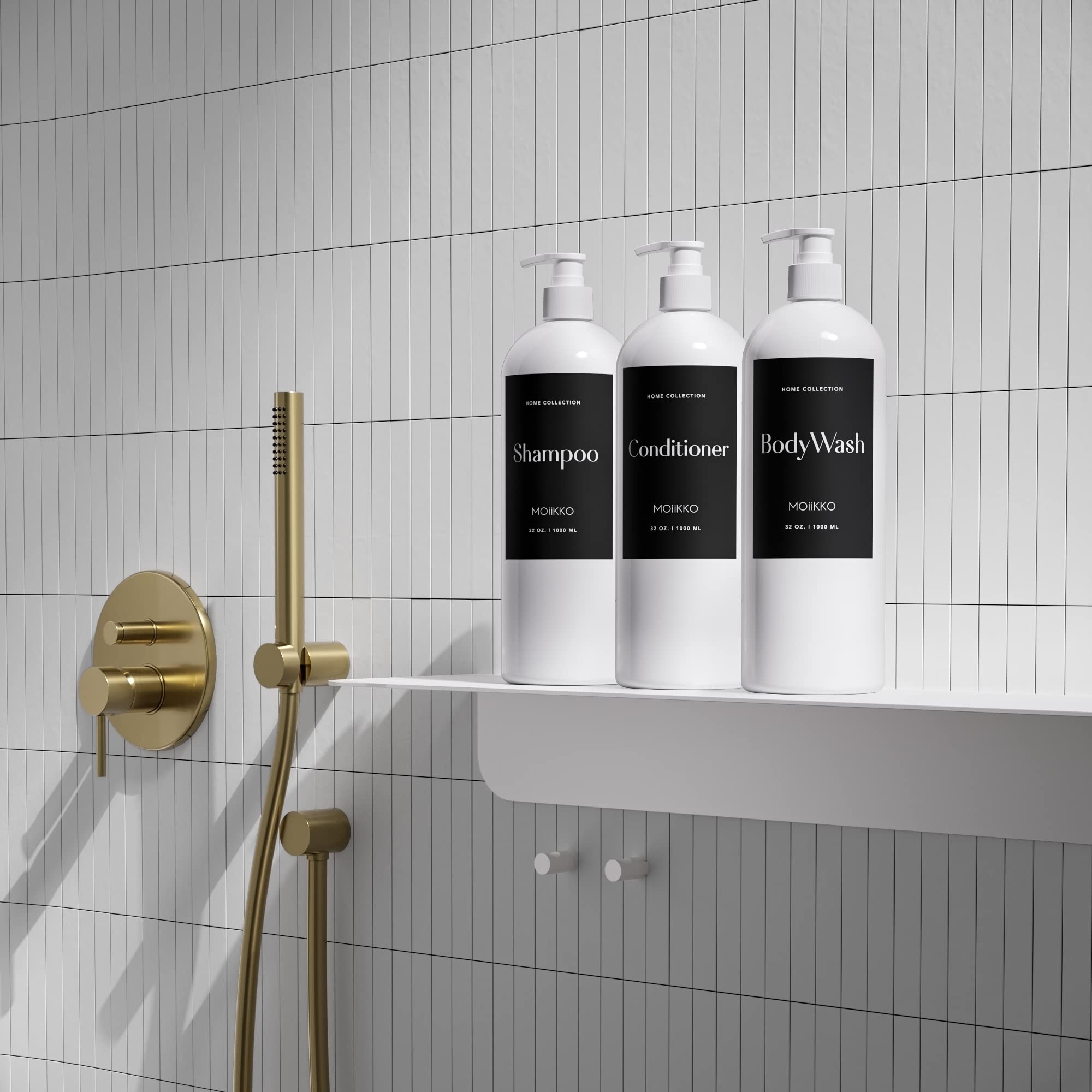 MOIIKKO 32oz Refillable Shampoo and Conditioner Dispenser Bottles - Set of 3 Empty Shampoo Conditioner Body Wash Dispenser with 8 Waterproof Labels