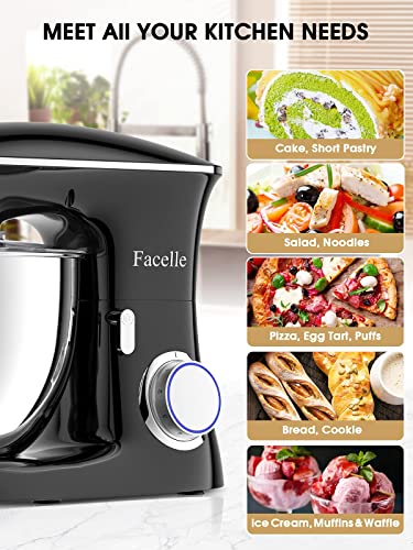 Facelle Stand Mixer, 8.5 Quart Electric Mixer, 660W 6-Speed Tilt-Head Kitchen Electric Food Mixer with Beater, Dough Hook and Wire Whip, Black