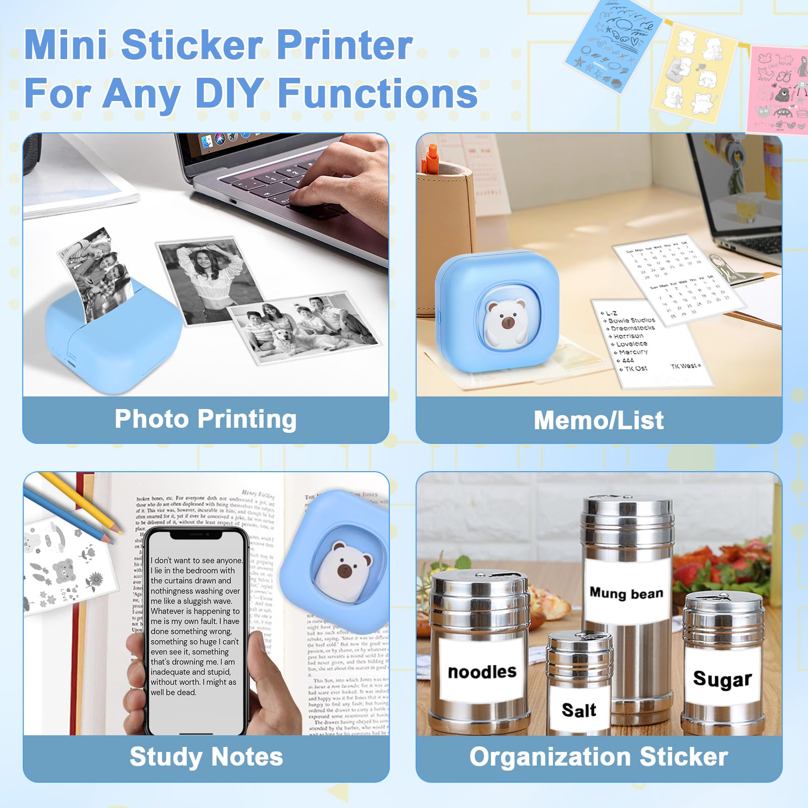 Mini Sticker Printer, Inkless Phone Printer, Portable Pocket Sticker Maker Machine, Wireless Thermal Print Pod With 2pcs Sticky Paper + 4pcs Paper For Iphone, Photo, School Notes, Label (Blue)