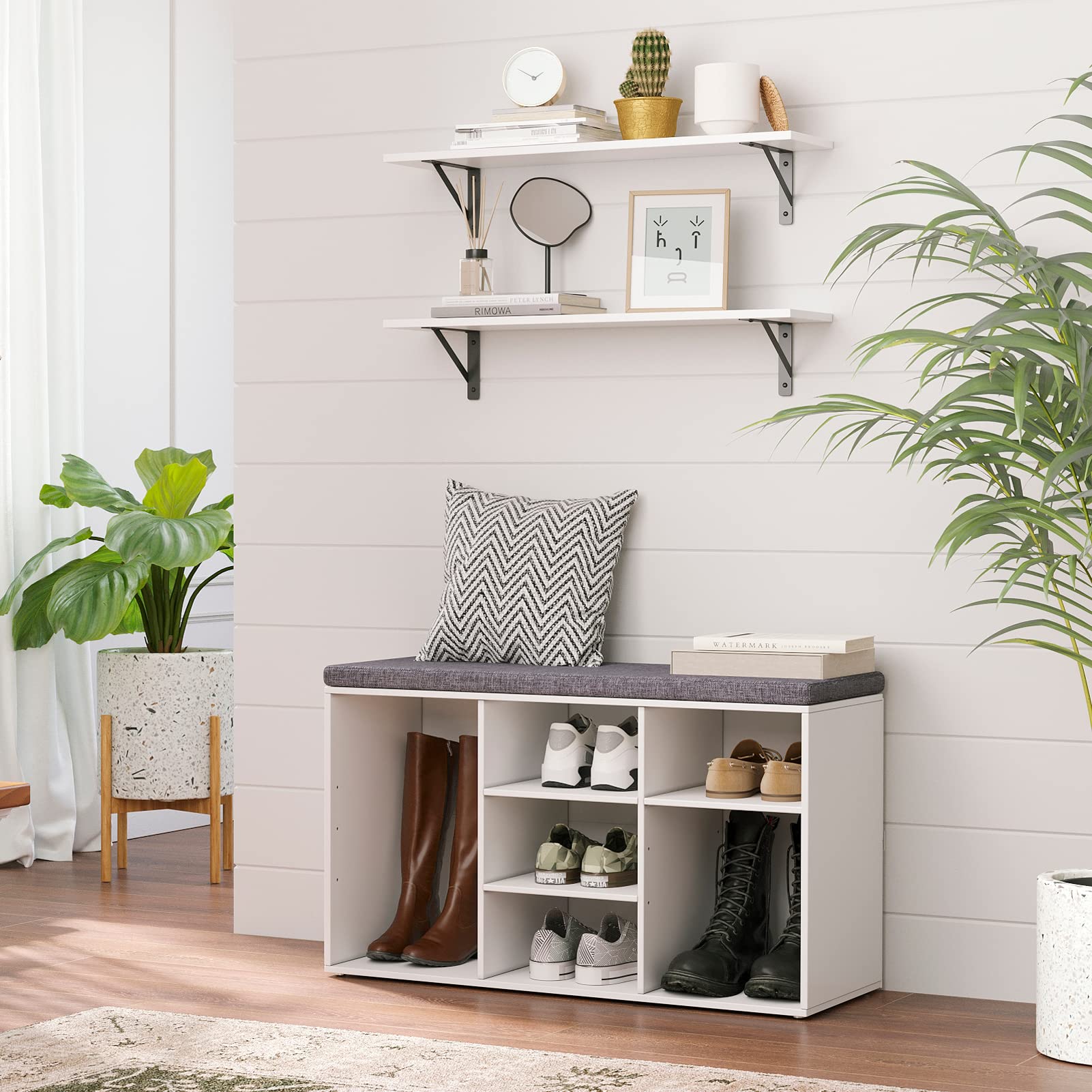 DINZI LVJ Shoe Storage Bench with Cushion, Cubby Shoe Rack with 9 Cubbies, Adjustable Shelves, Multifunctional Shoe Organizer Bench for Entryway, Mudroom, Hallway, Closet and Garage, White