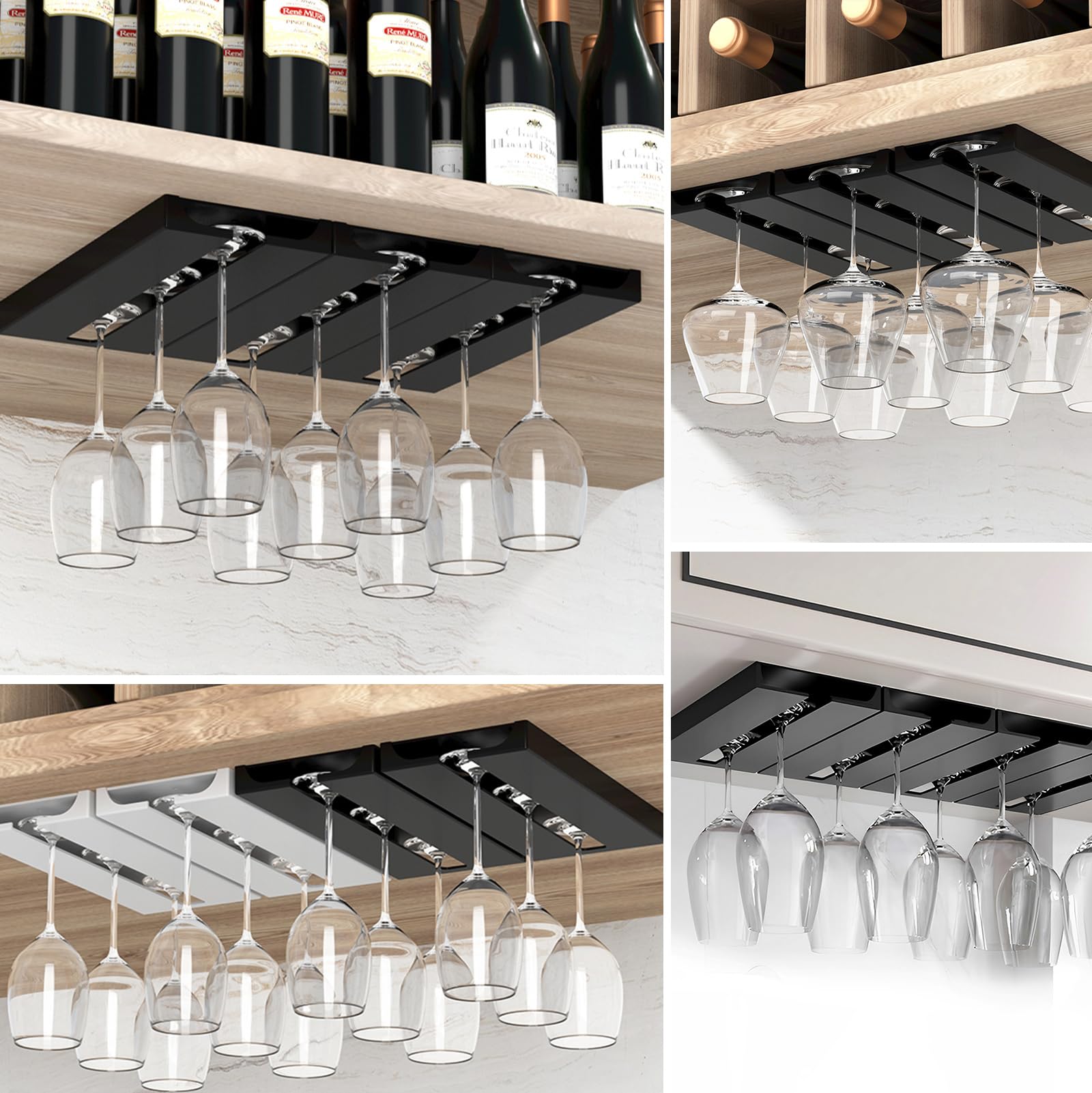 DESONAUT Wine Glass Holder,2 Pack Black Wine Glass Rack Punch-free Under Cabinet Wine Glass Holder Hanging Plastic Stemware Rack