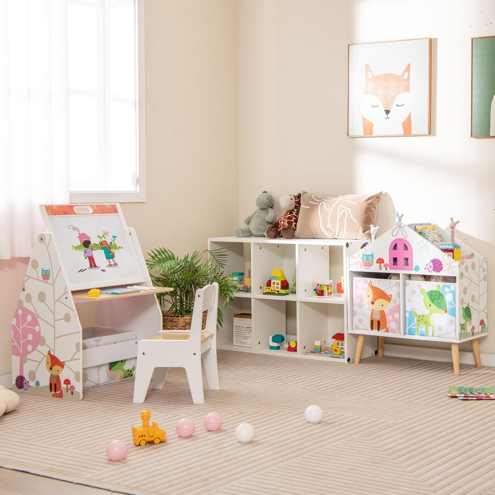 HONEY JOY Toy and Book Organizer for Kids, Wooden Stand Bookcase w/ 2 Storage Bins, Children Toy Storage Chest Box w/Elevated Solid Wood Legs, Toy Storage Unit Organizer for Playroom (White)