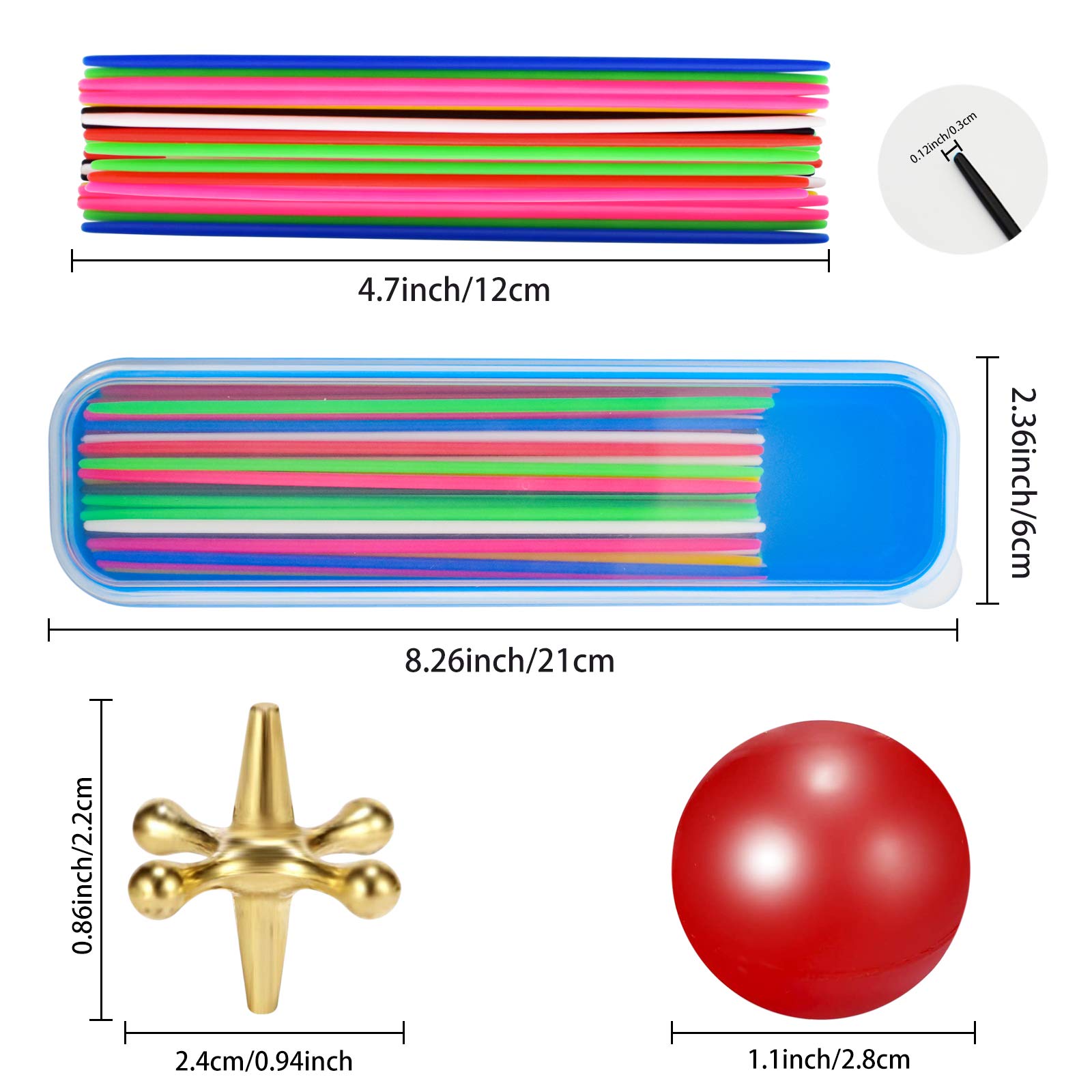 ZeeDix 90 Pcs Pick Up Sticks with 3 Sets Retro Metal Jacks Kit- Include 3 Pcs Red Rubber Balls and 30 Pcs Gold and Silver Metal Jacks, Classic Fun Game Gift of Jacks for Kids Adults Family