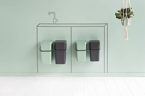 Brabantia Sort & Go Built-in Cupboard Recycling Cans (2 x 4.2 Gal/Dark Gray & Jade Green) Double Door Mounted Trash Organisers with Handles & Removable Lids