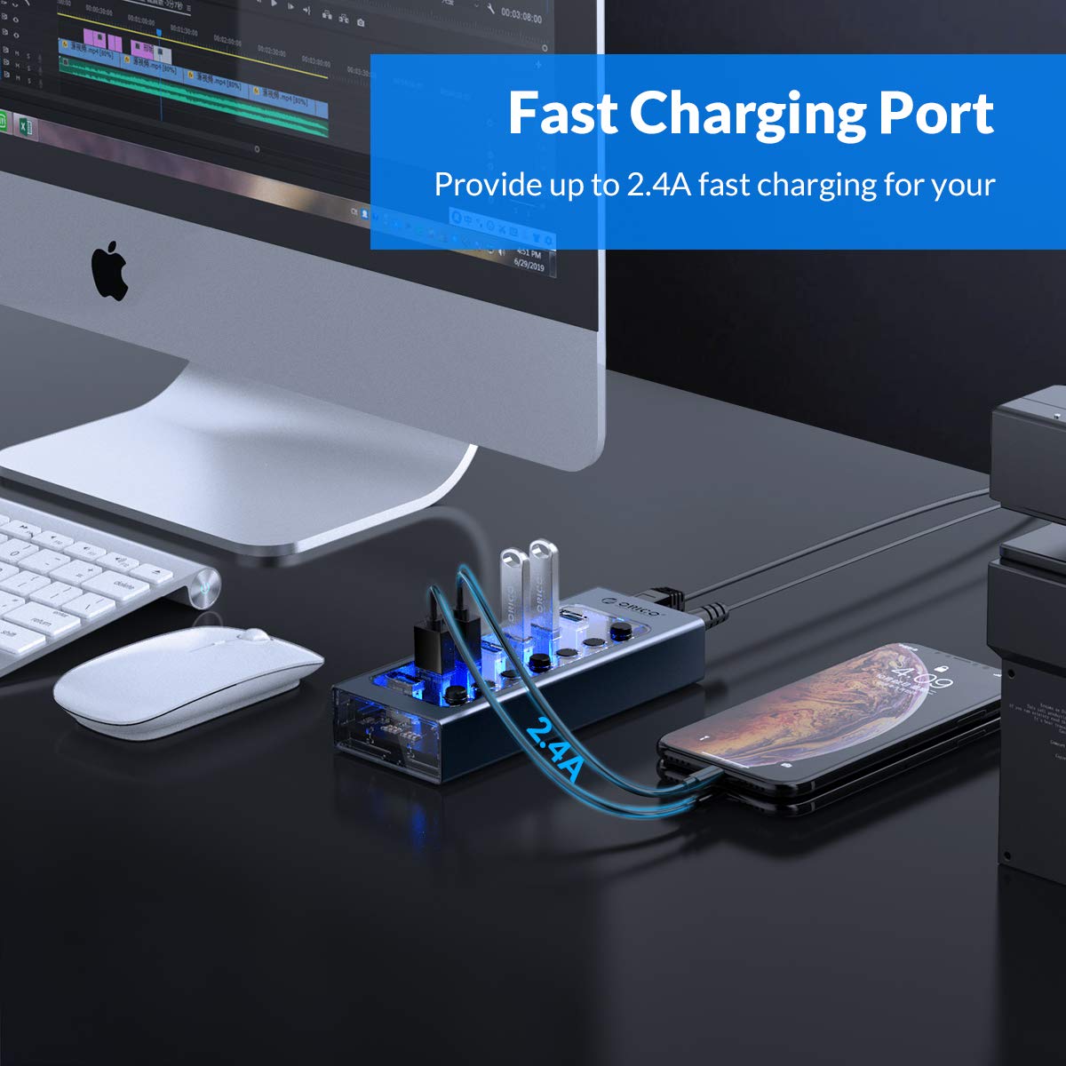 ORICO USB Hub 3.0 Powered 7 Ports USB Data Hub with 12V2A Power Adapter, Individual Power Switches, and LEDs, USB Extension for iMac Pro, MacBook Air/Mini, PS4, Surface Pro, Notebook PC, Laptop, HDD