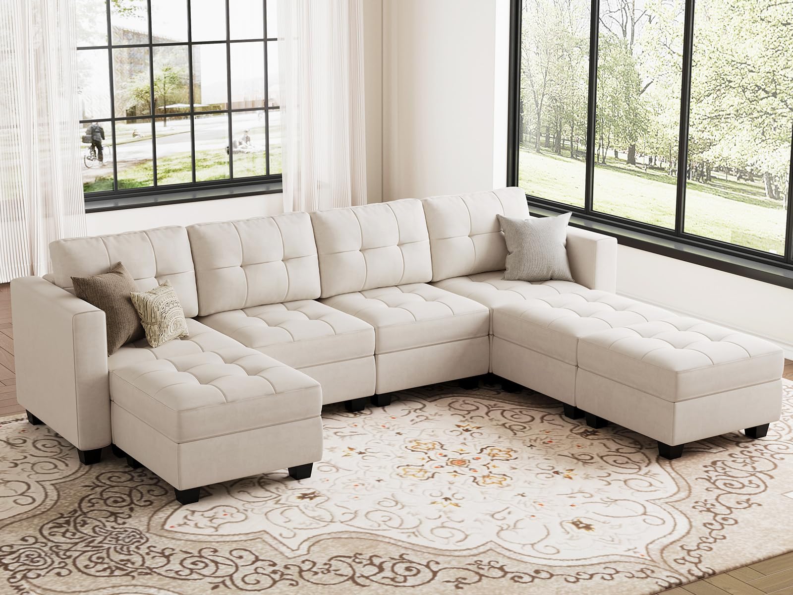 Belffin Modern U-Shaped Modular Sectional Sofa with Storage Seats, 7 Seats Sleeper Couch with Reversible Chaise, Velvet Modular Oversized Sectional with Ottomans, Beige