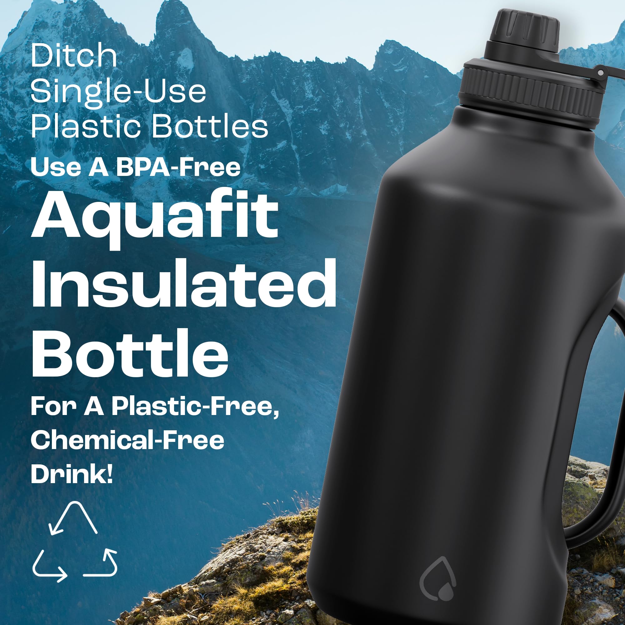 AQUAFIT Insulated Water Bottle 64 oz with Handle - Straw and Chug Lid - Stainless Steel Water Bottles - 64 oz Water Bottle - 64oz Insulated Water Bottle with Straw (64 Ounces, Nightfall Blue)