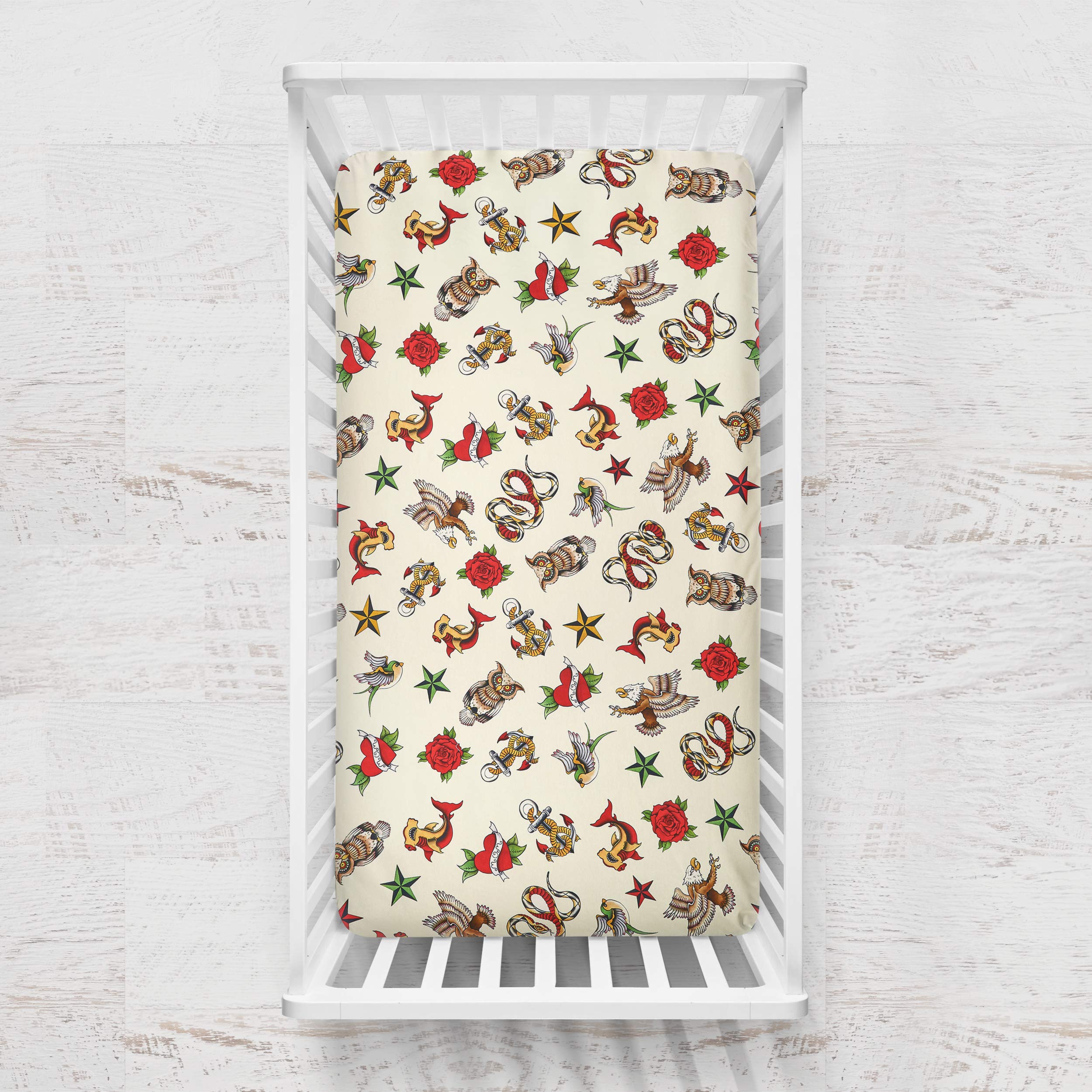 Tattoo Design Jersey Knit Cotton Crib Sheet | Sailor Jerry Inspired Tattoo Design | Breathable and Extra Soft