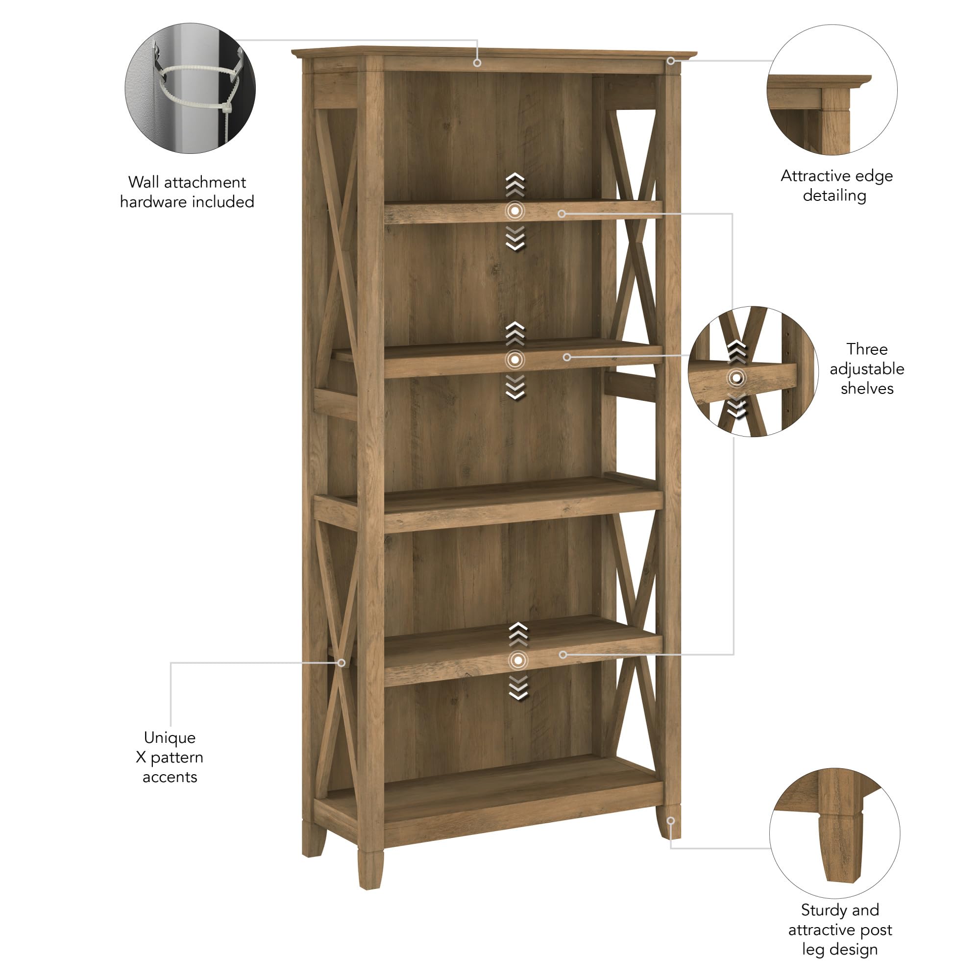 Bush Furniture Key West Tall 5 Shelf Bookcase in Reclaimed Pine | Large Book Shelf, Large Bookshelf for Living Room or Office