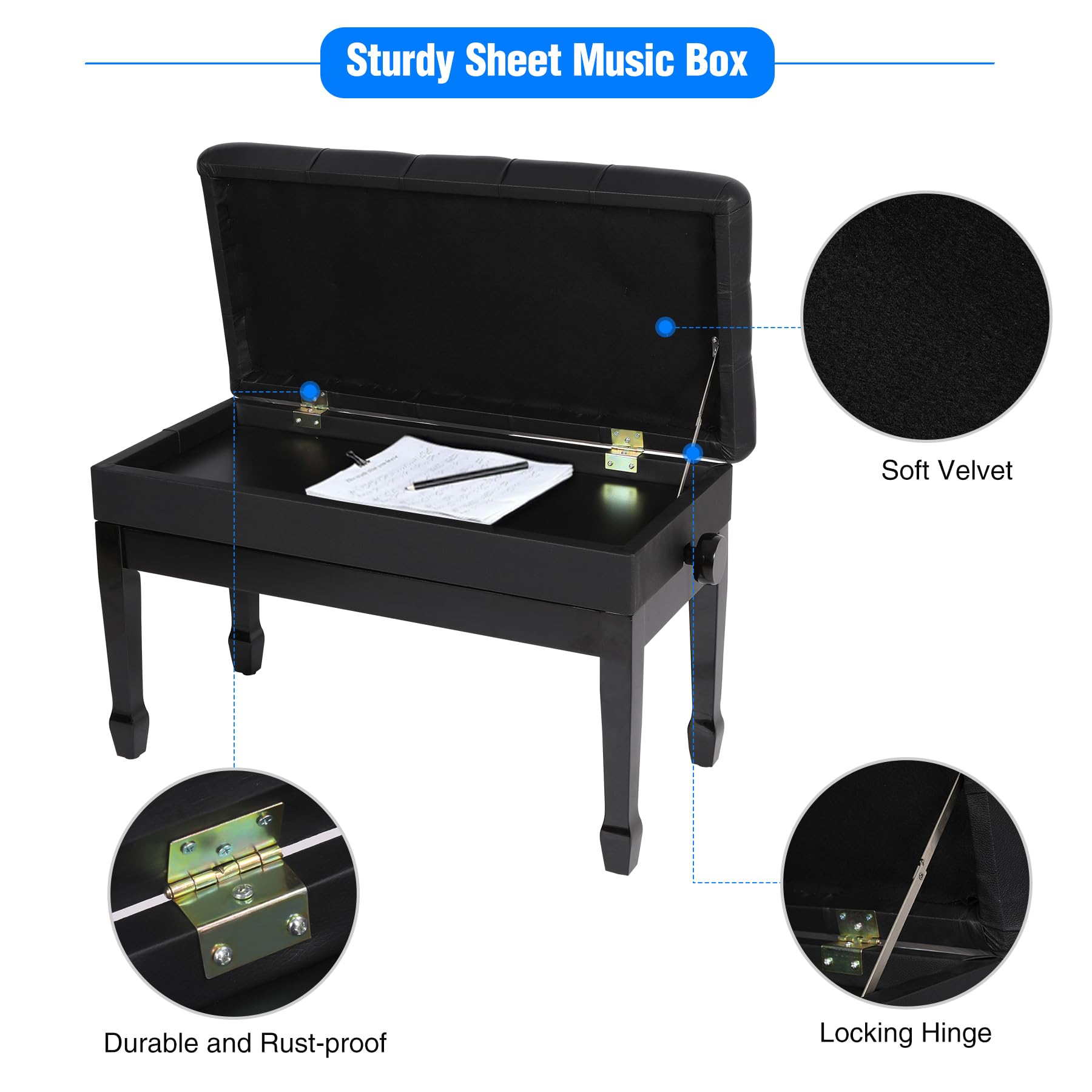 AKVOMBI Adjustable Duet Piano Bench with Storage, Heavy Duty Double Piano Benches with Leather Cushion, Black Piano Bench for Adults, 13.8" D x 31.5" W x 19.3" H
