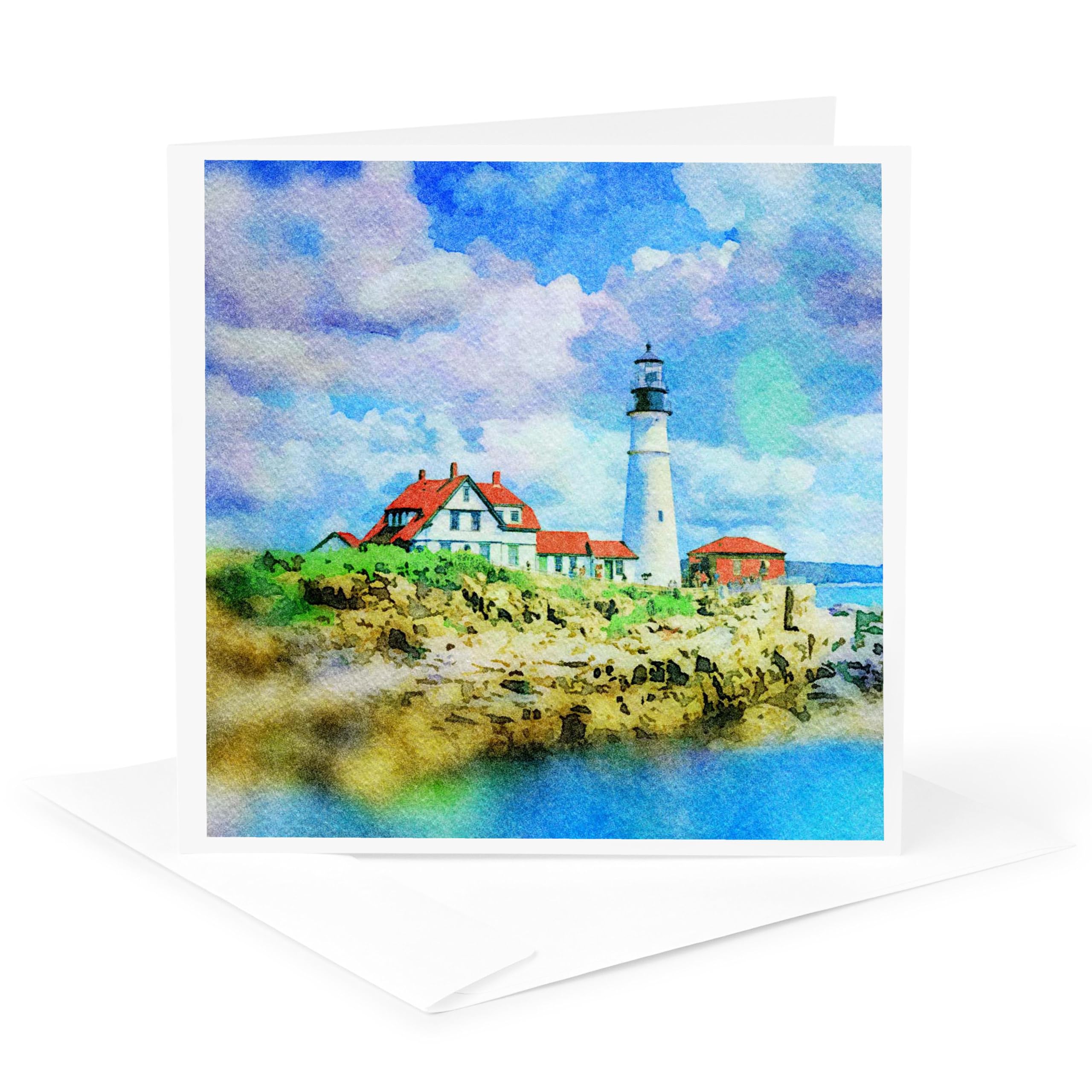 3dRose Greeting Card - A Light House On The Water Image Of Watercolor Painting - Fine Art
