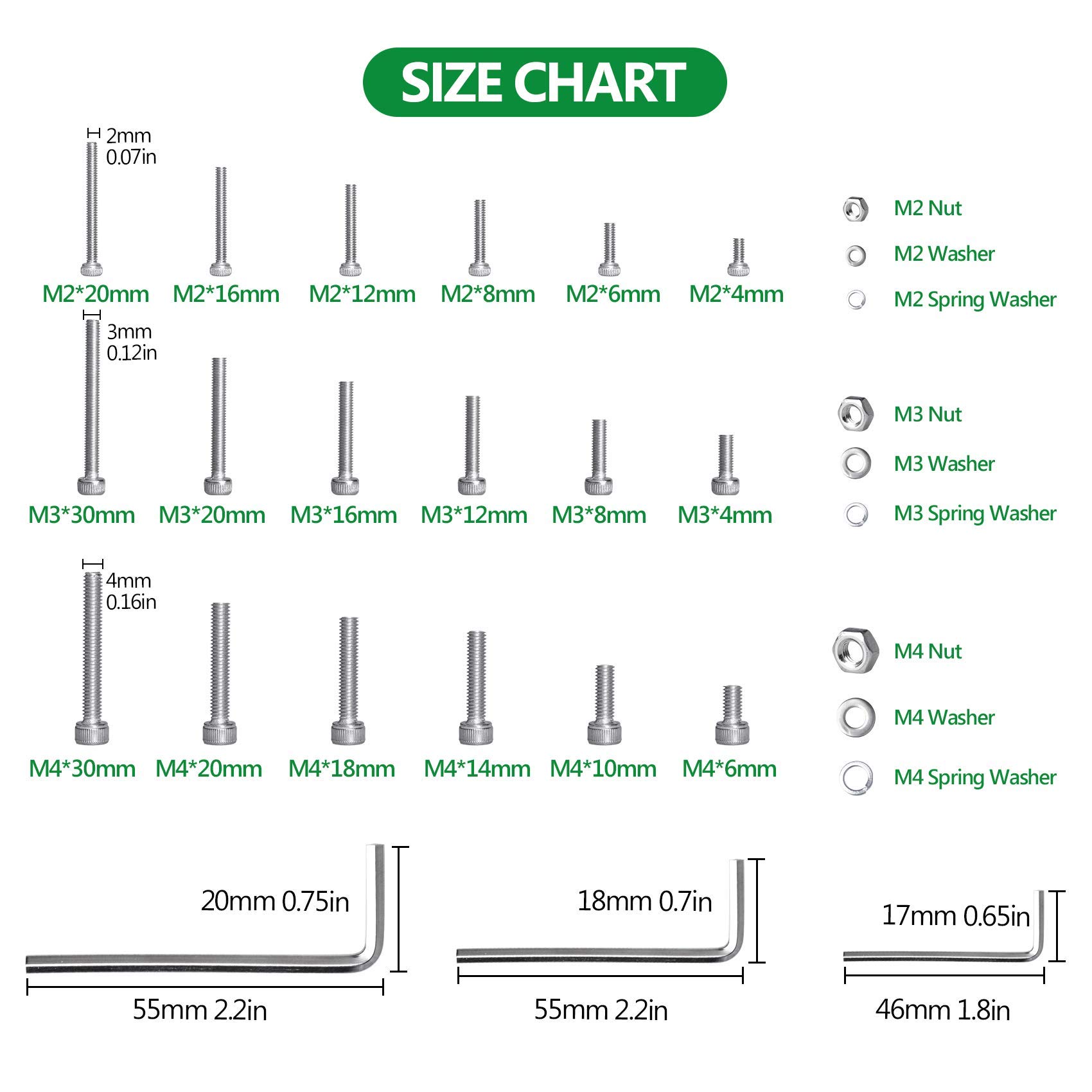 Screws and Nuts, 1440PCS M2 M3 M4 Metric Screw Assortment, 304 Stainless Steel Metric Bolts and Nuts Assortment Kit, Hex Socket Head Cap Flat Lock Washers Bolts Assortment Kit with 3 Wrenches