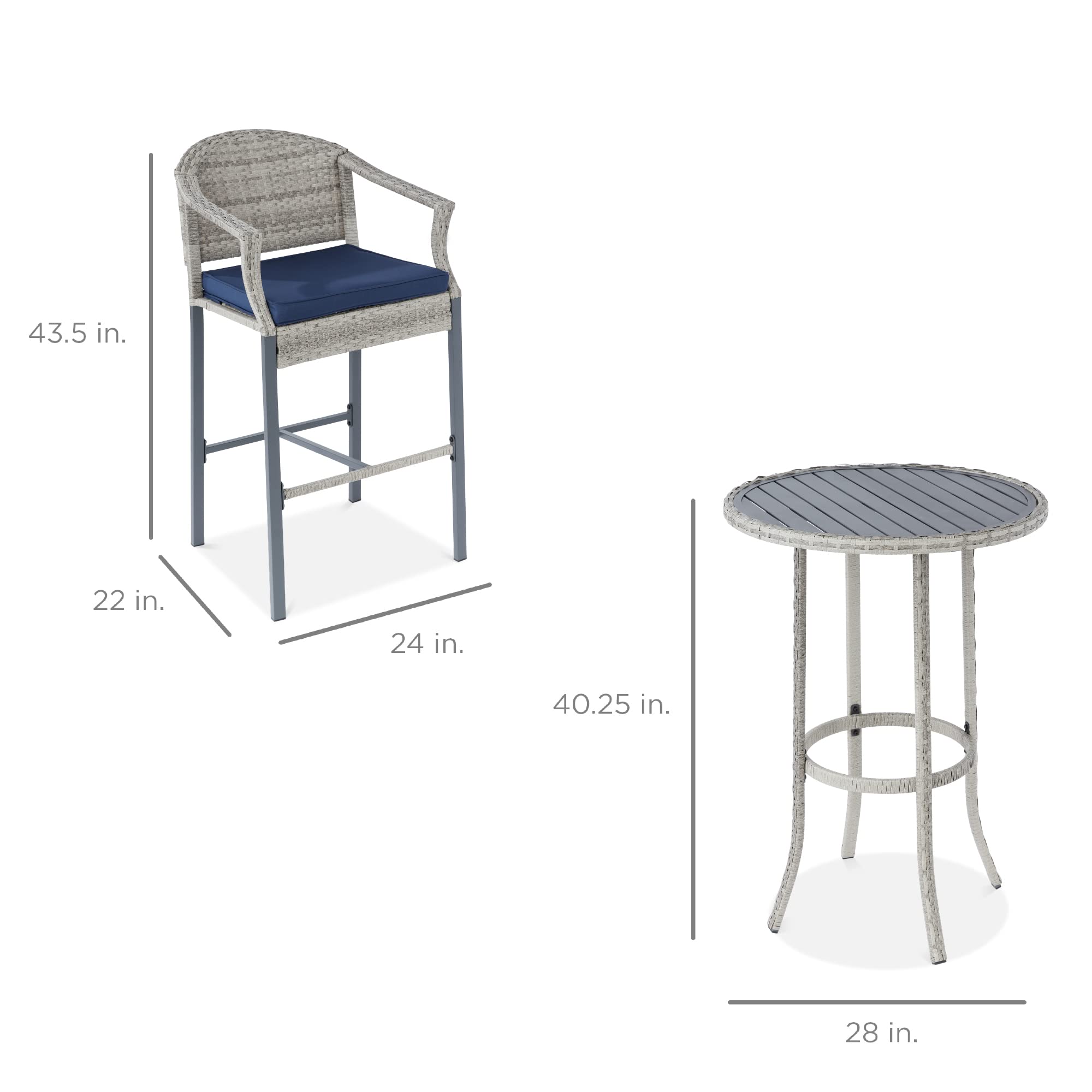 Best Choice Products 3-Piece Patio Bar Table Set, Outdoor Wicker Bar Height Bistro Furniture for Backyard, Poolside, Balcony w/Barstools, Cushions, Steel Frame β Gray/Blue