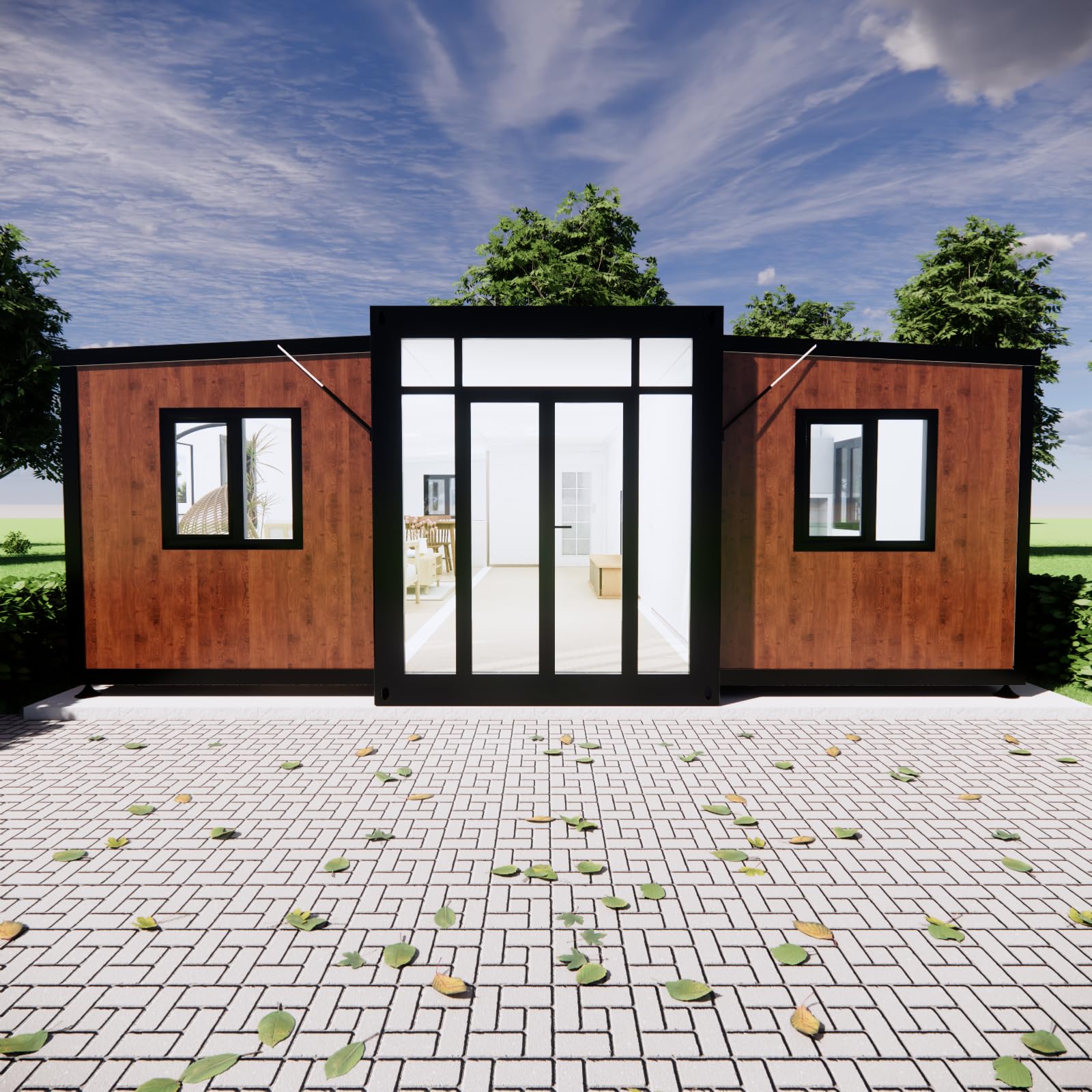 Portable Prefab House to Live In,19x20ft Expandable Tiny Container House with 2 Bedroom,1 Bathroom,1 Kitchen and 1 Living Room,Steel Frame Prefabricated Mobile Tiny Home for Hotel,Villa,Office