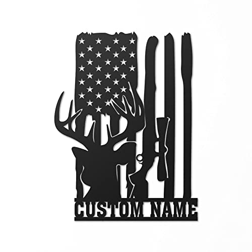 Deer Hunter Metal Wall Personalized, USA Hunter Gun with Flag, Deer Antler Hunting Dad LED Sign, Hunting Camp, Man Cave Deer Decor, Gift For Dad, Father Day Gift