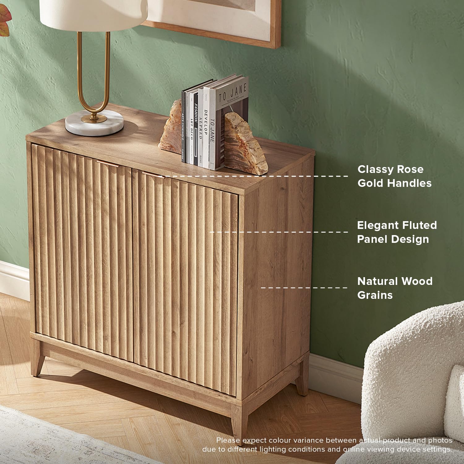 mopio Brooklyn Storage Cabinet, Modern Farmhouse Entryway Accent Cabinet, Buffet Sideboard, Credenza, Wood Modular Cabinet with Doors & Shelf, Fluted Panel, for Living Room (Oak, Single)