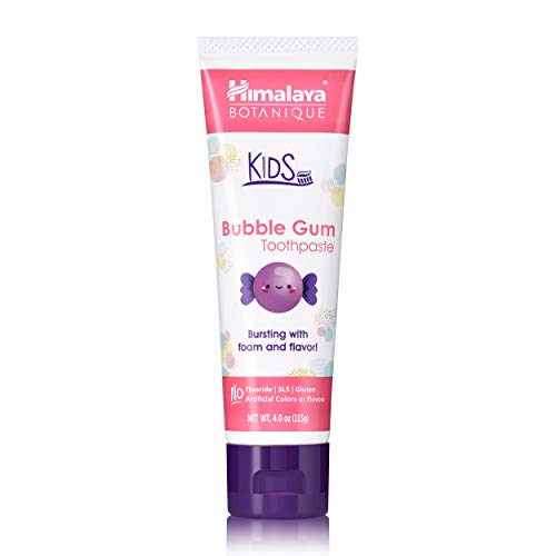 Himalaya Botanique Kids Toothpaste, Herbal, Bubble Gum Flavor, Fights Plaque, Fluoride-Free, Gentle, No Artificial Flavors or Colors, SLS Free, Gluten Free, Cruelty Free, Vegan, Foaming, 4 Oz, 1 Pack