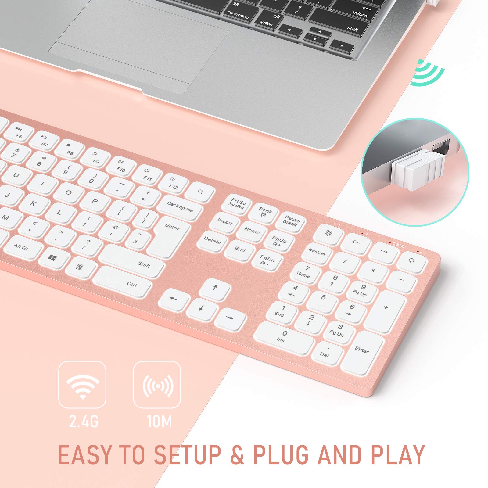 seenda Backlit Wireless Keyboard, 2.4GHz Ultra Slim Rechargeable Keyboard, Illuminated Wireless Keyboard for Computer, Laptop, Desktop, PC, Surface, Smart TV, Windows 10/8/7 (Rose Gold)