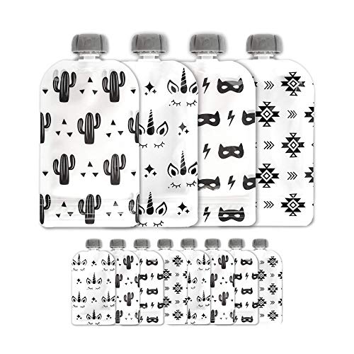 Hippypotamus Reusable Baby Food Pouches - 12 Pack - Baby Food Storage - Pouches Toddler - Refillable Squeeze Pouch for Kids (BLACK/WHITE)