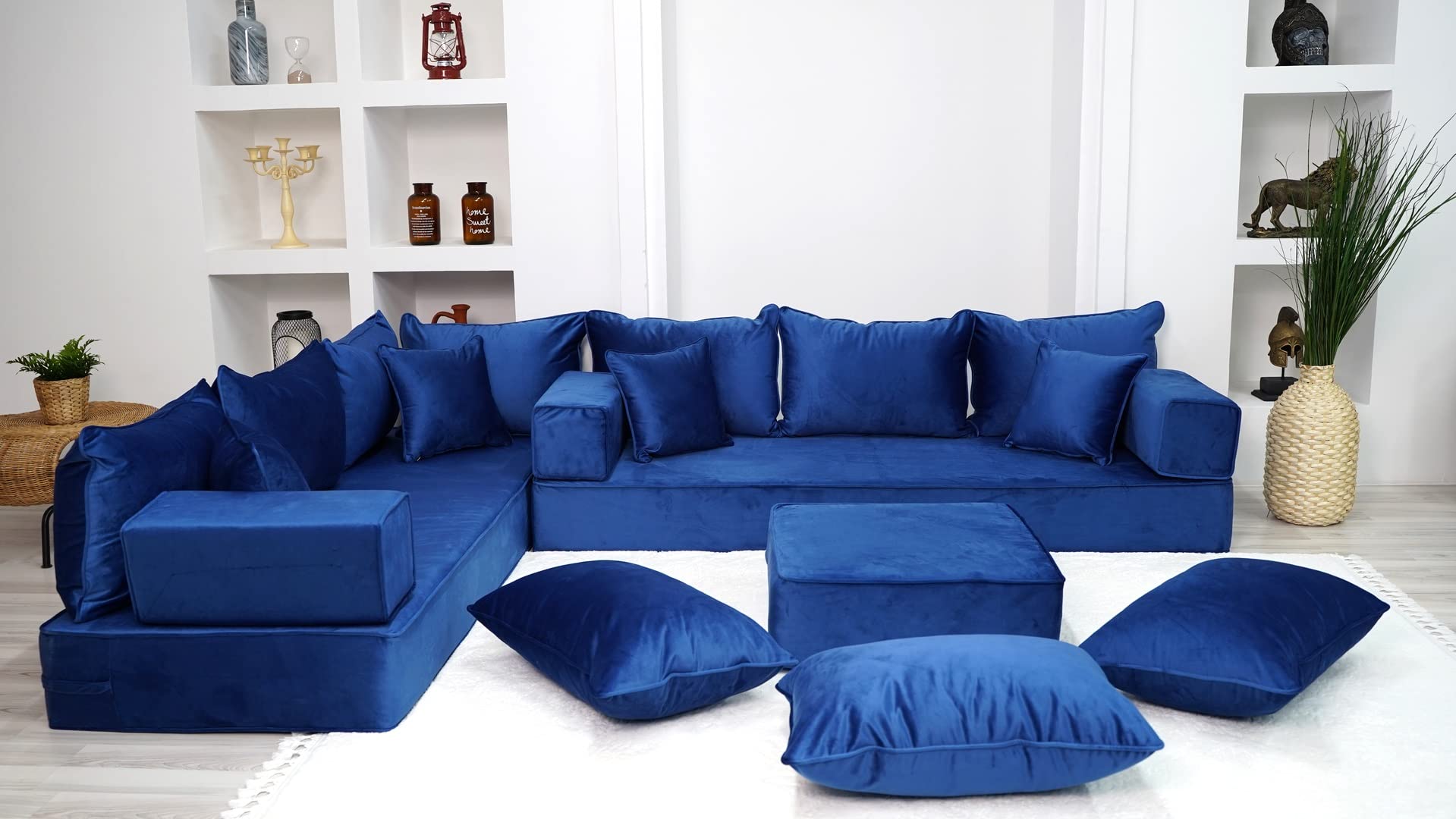 8" Thickness Fabric Royal Blue L Shaped Couch, Moroccan Livingroom Floor Couch, Velvet Sofa Cover, Sofa Bed, Velvet Arabic Seating (L Sofa + Ottoman + Pillows)