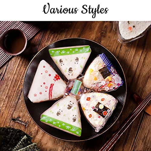 BRATA Triangle Onigiri Wrappers Plastic Rice Balls Bags, 100PCS Japanese Easy Tear Disposable Onigiri baggies with Stickers