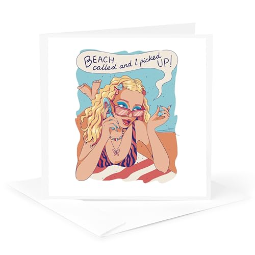 3dRose Greeting Card - Beach Called Funny Woman on the Phone at the Beach - Digital Art