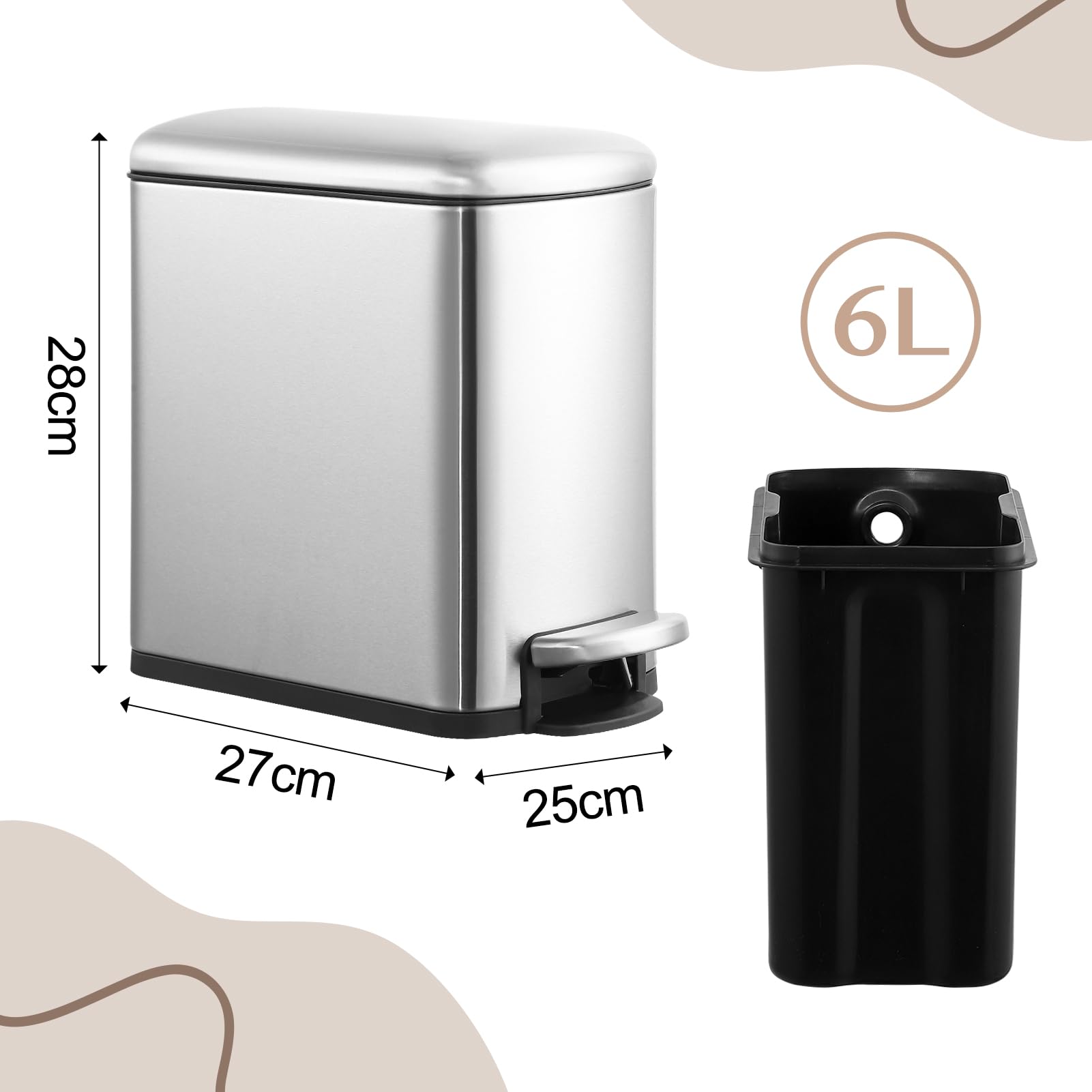 GAOMON 1.6 Gallon Bathroom Trash Can, Small Trash Can with Removable Liner, Narrow Vanity Wastebasket, Easy-Close Lid, Step Pedal Garbage Can for Bathroom, Bedroom, Kitchen