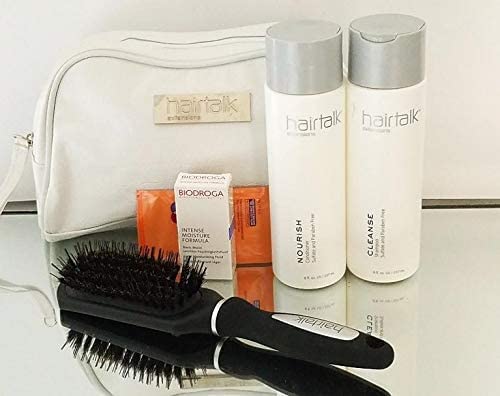 Hairtalk Extensions SET: CLEANSE Shampoo 8 oz & NOURISH Conditioner 8oz (Sulfate & Paraben Free) + FREE Bag, Brush, Hair & Skin Care Samples