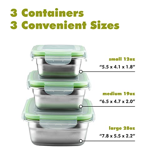 Klee Set of 3 Food Storage Containers with Airtight Lids (12oz,19oz, 28oz) - Premium 304 Stainless Steel Containers, Bento Boxes, Lunch Boxes, Meal Prep Containers for Kitchen, School, Office, Travel