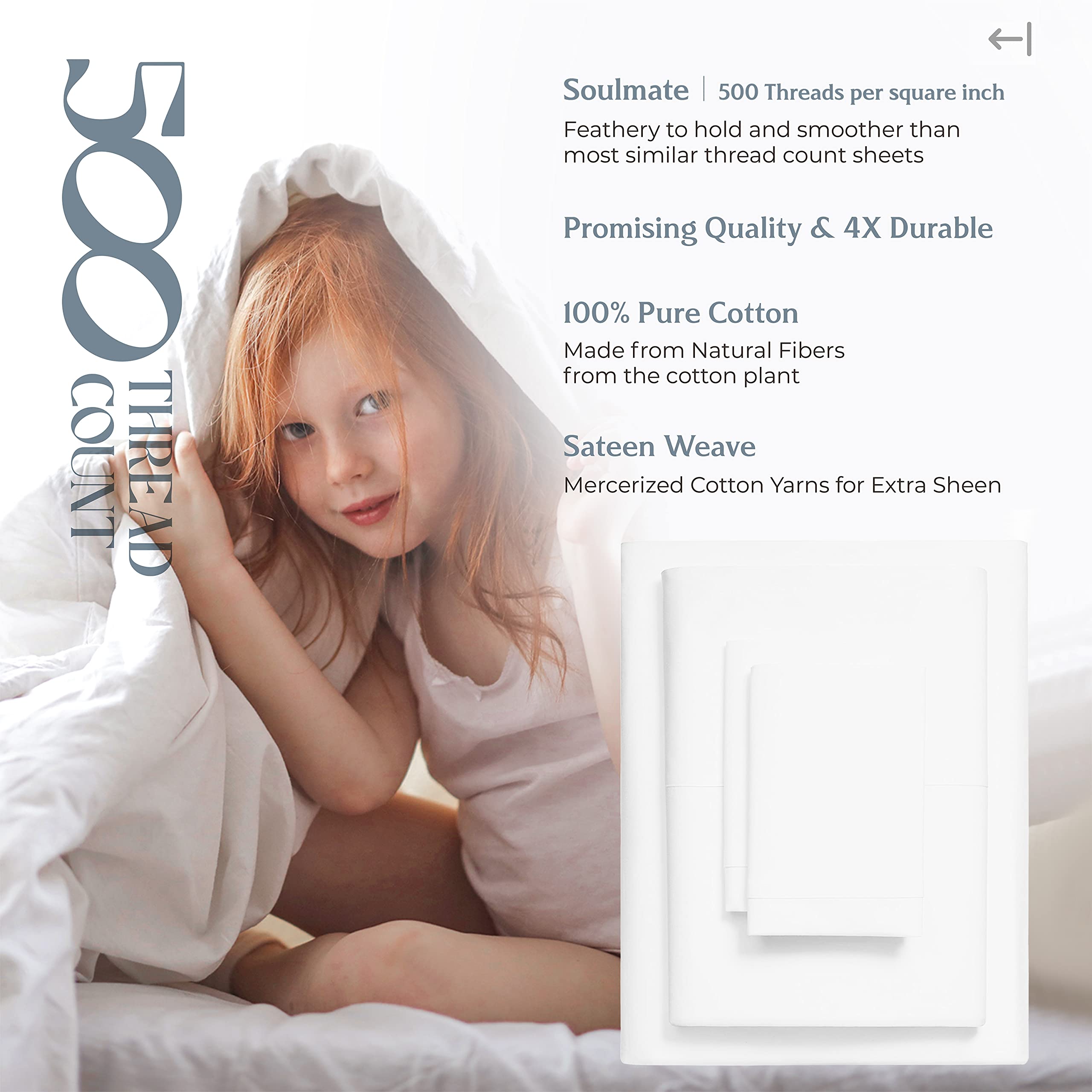 500 Thread Count 100% Cotton Sheet White King Sheets Set, 4-Piece Long-Staple Combed Pure Cotton Best Sheets for Bed, Breathable, Soft & Silky Sateen Weave Fits Mattress Upto 18'' Deep Pocket