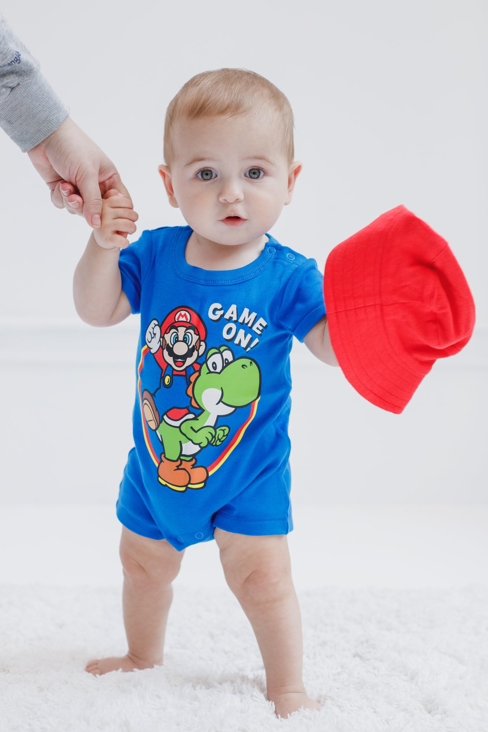 Super Mario Nintendo Mario Yoshi Infant Baby Boys Romper and Bucket Sun Hat Blue/Red 12 Months