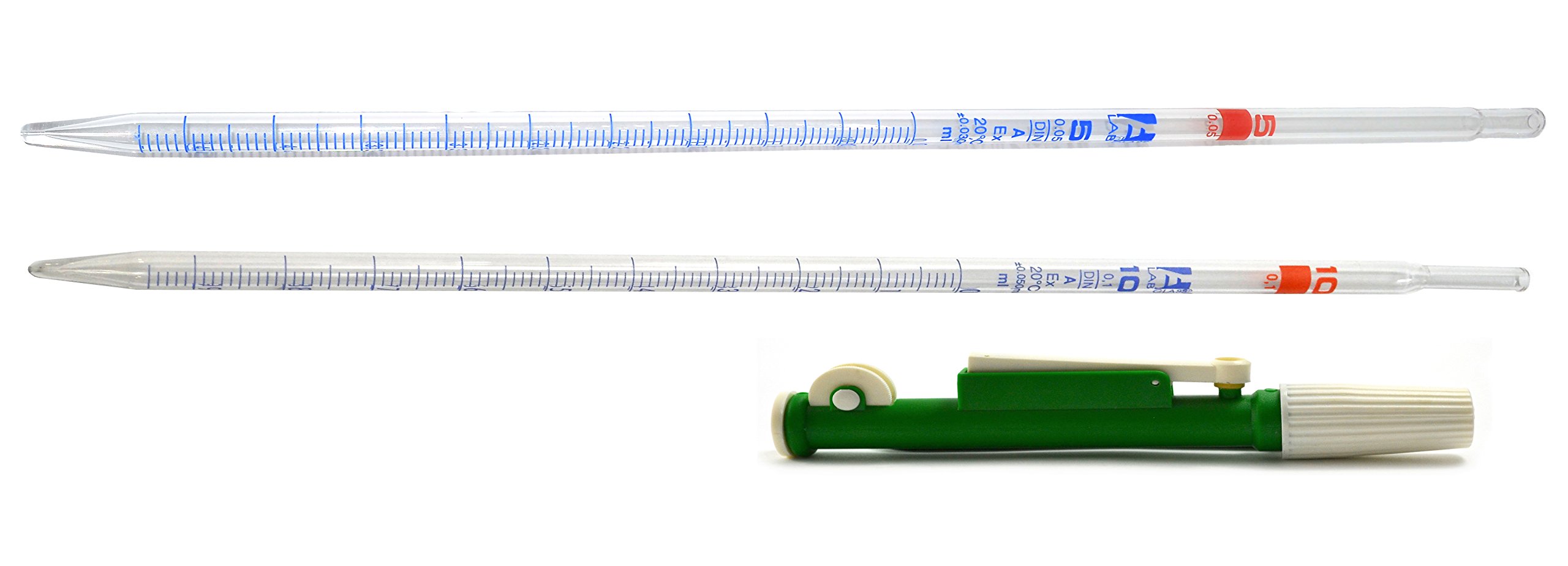EISCO - Pipette Set with Pump. Set Includes 5.0ml Serological Pipette (Red), 10.0ml Serological Pipette, Green 10ml Pipette Pump